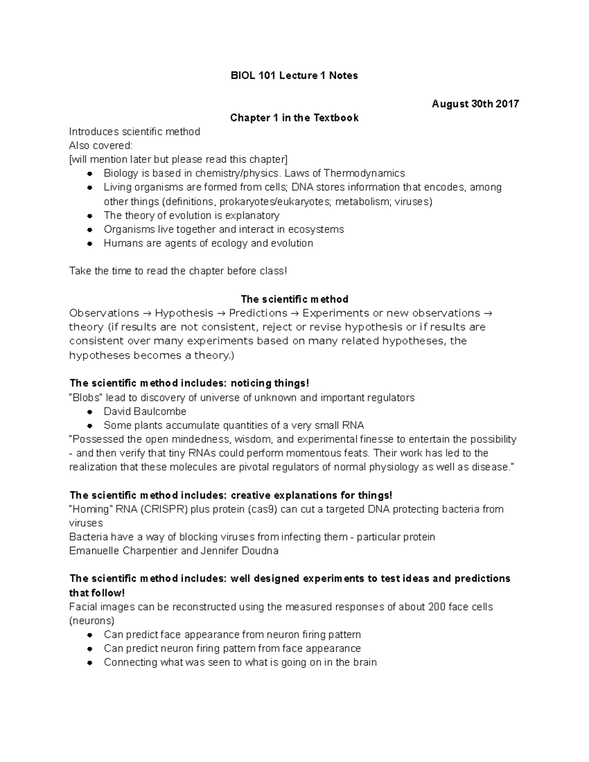 BIOL 101 Lecture 1 Notes - BIOL 101 Lecture 1 Notes August 30th 2017 ...