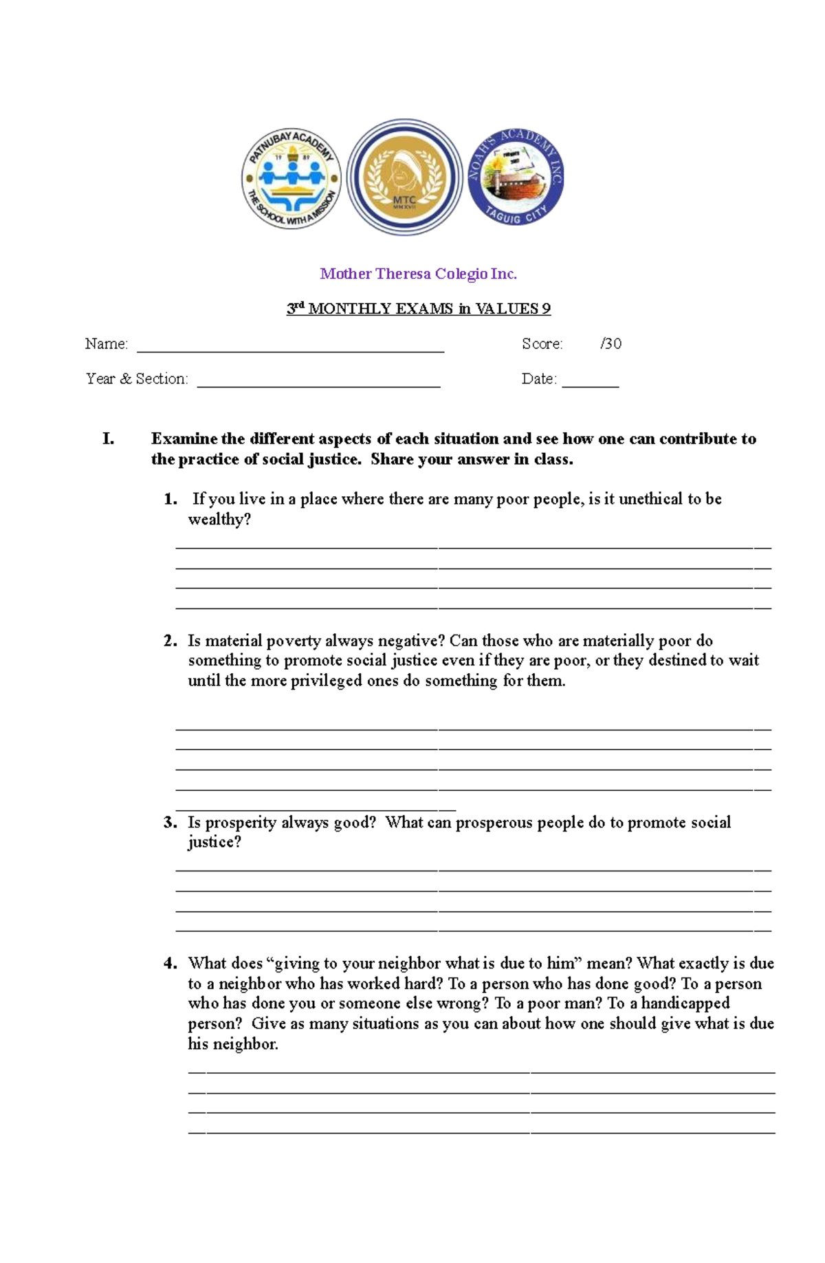 Grade 9 Values 3rd - fdgfgfd - Mother Theresa Colegio Inc. 3 rd MONTHLY ...