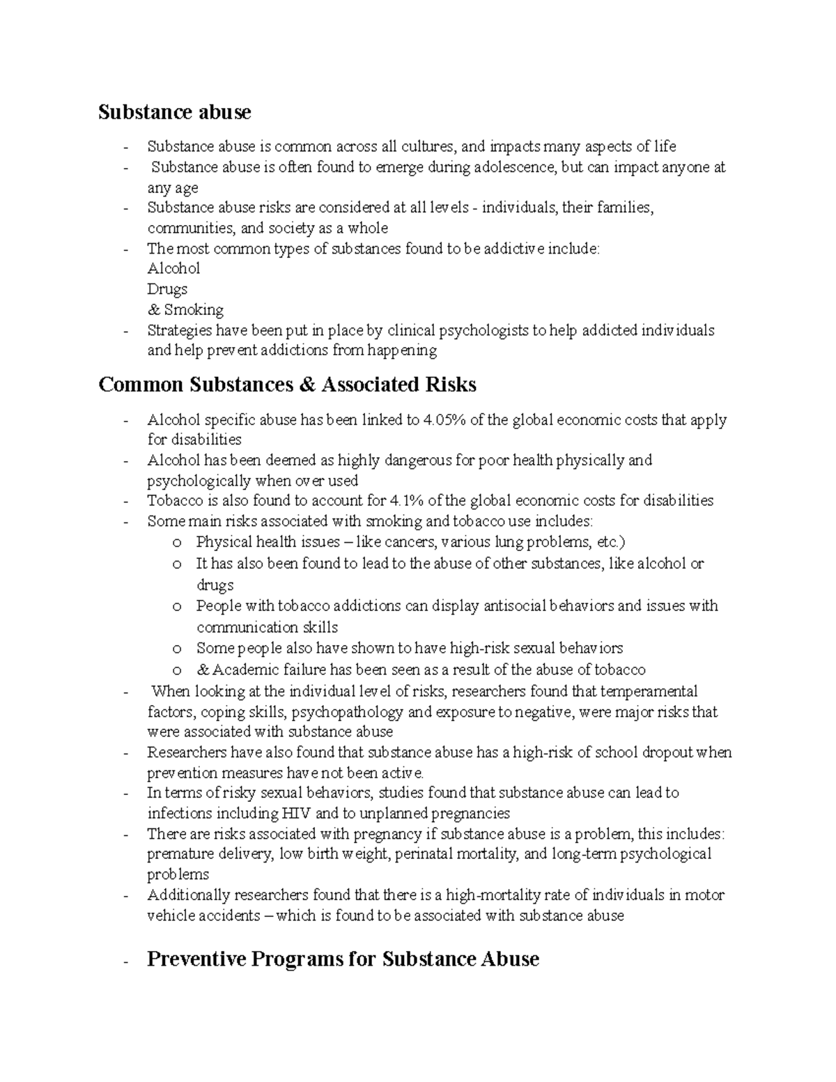 Psyc prevention notes + practice questions - Substance abuse Substance ...