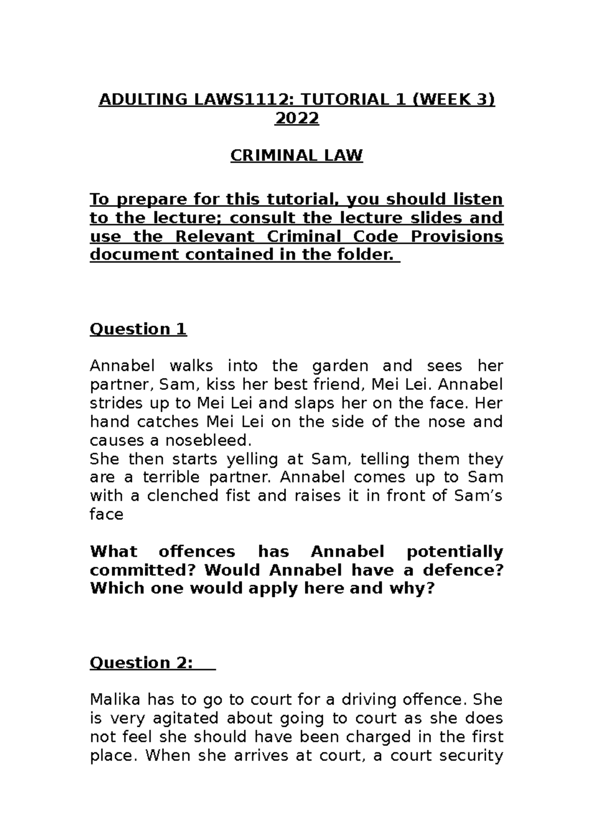 Tutorial 1 2022 Criminal Law Tutorial - ADULTING LAWS1112: TUTORIAL 1 ...