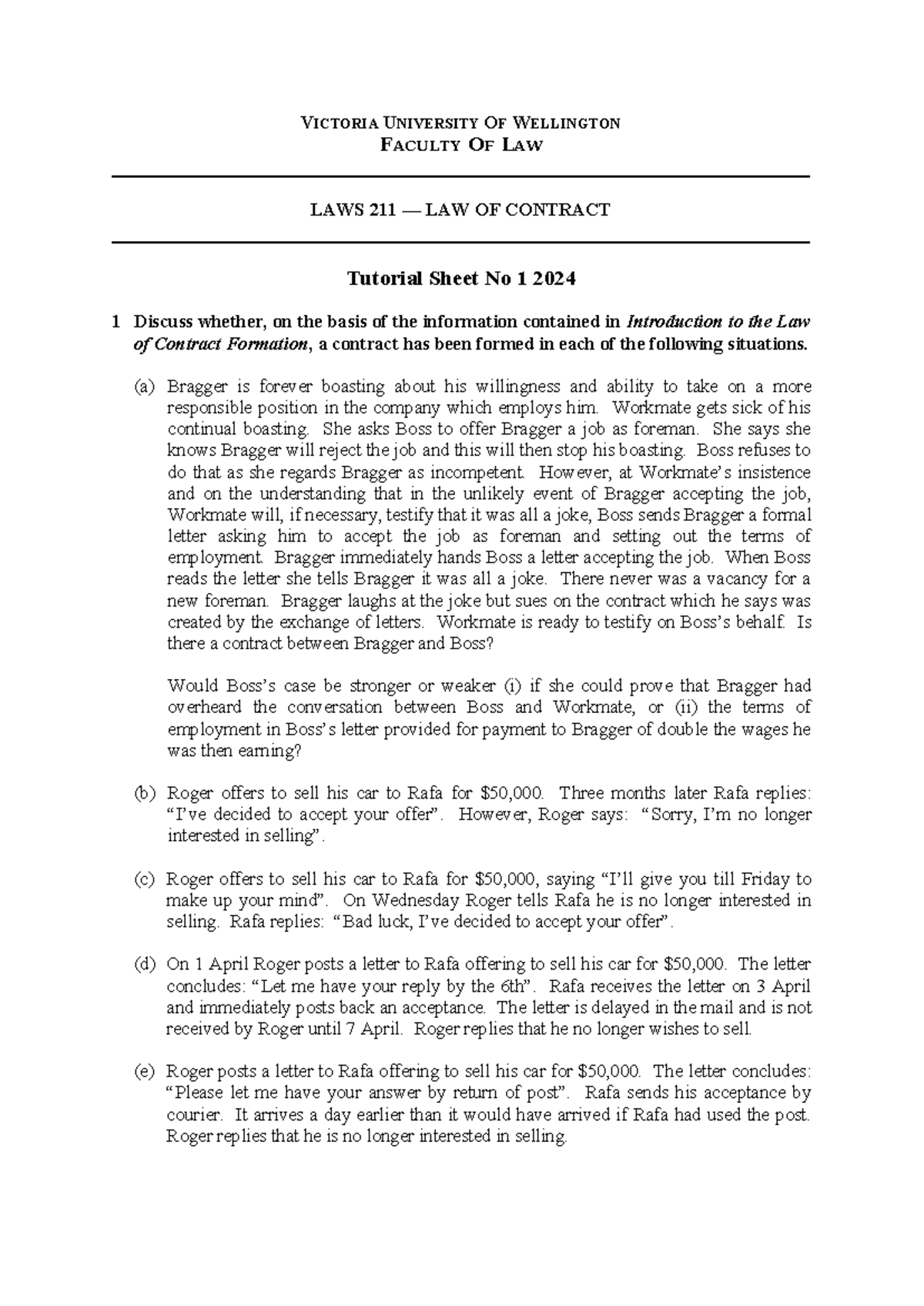 Tutorial Sheet No 1 2024 - VICTORIA UNIVERSITY OF WELLINGTON FACULTY OF LAW LAWS 211 — LAW OF ...