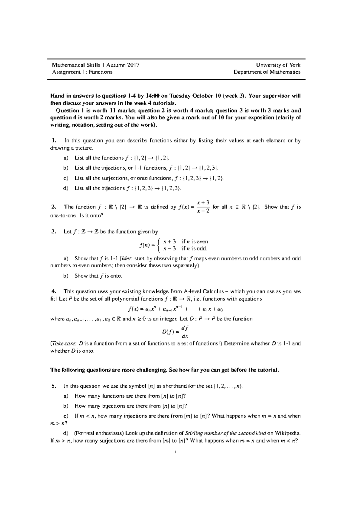 Maths skills 1 assignment 1- Functions (Questions) - Mathematical ...