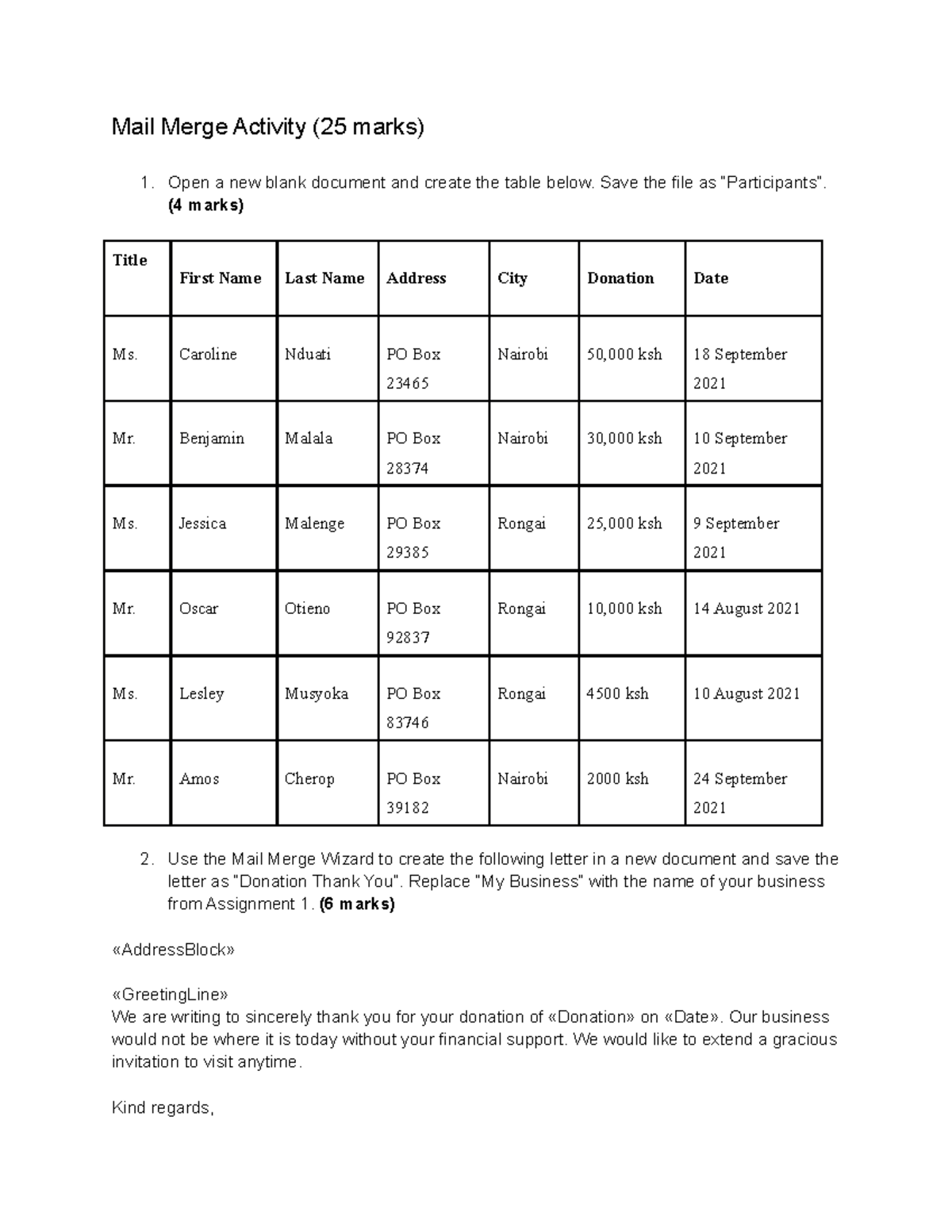 Microsoft Word Cumulative Activity questions - Mail Merge Activity (25 ...