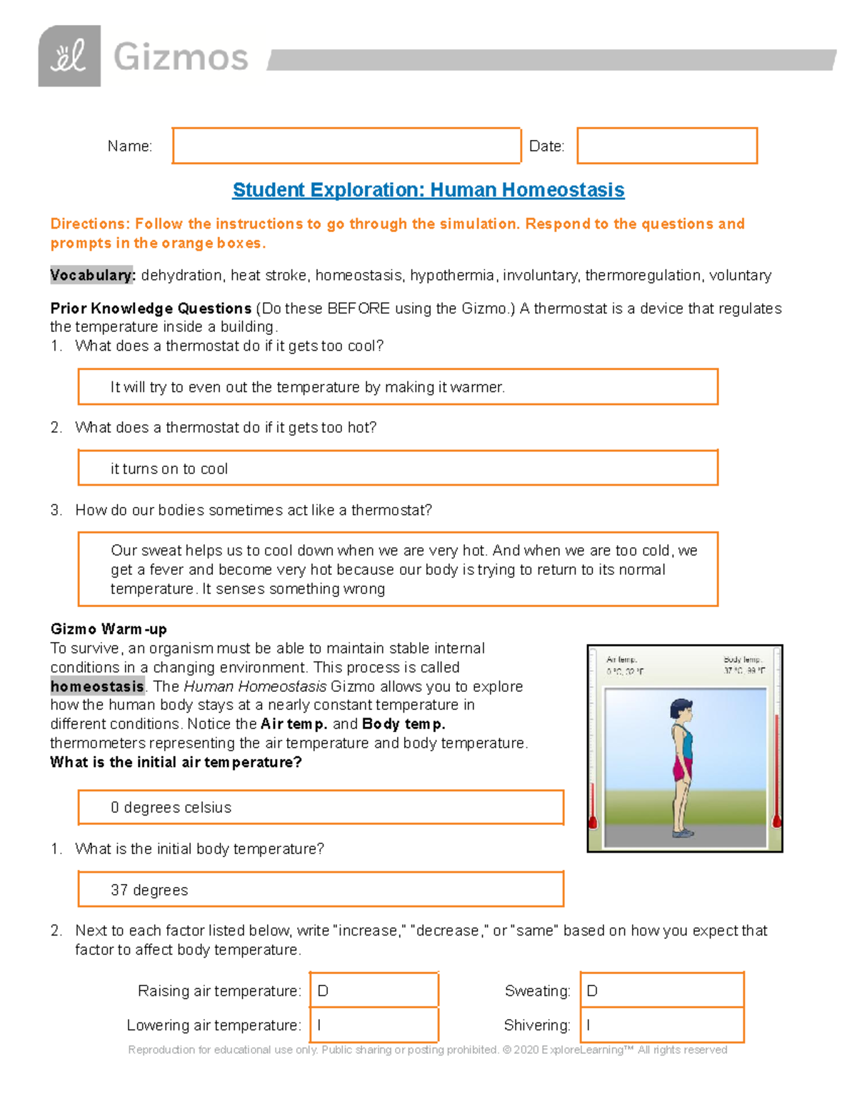 Human Homeostasis Gizmo - Name: Date: Student Exploration: Human ...