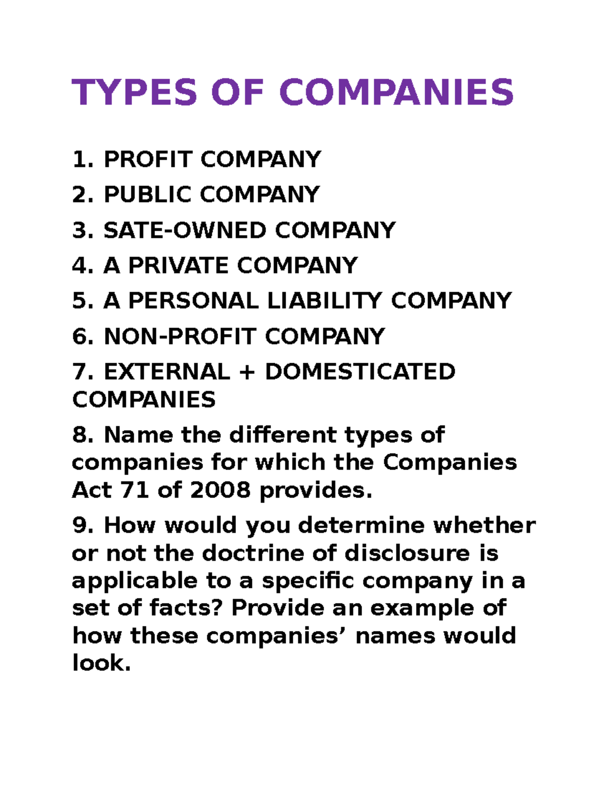 Types OF Companies - extra information - TYPES OF COMPANIES 1. PROFIT ...