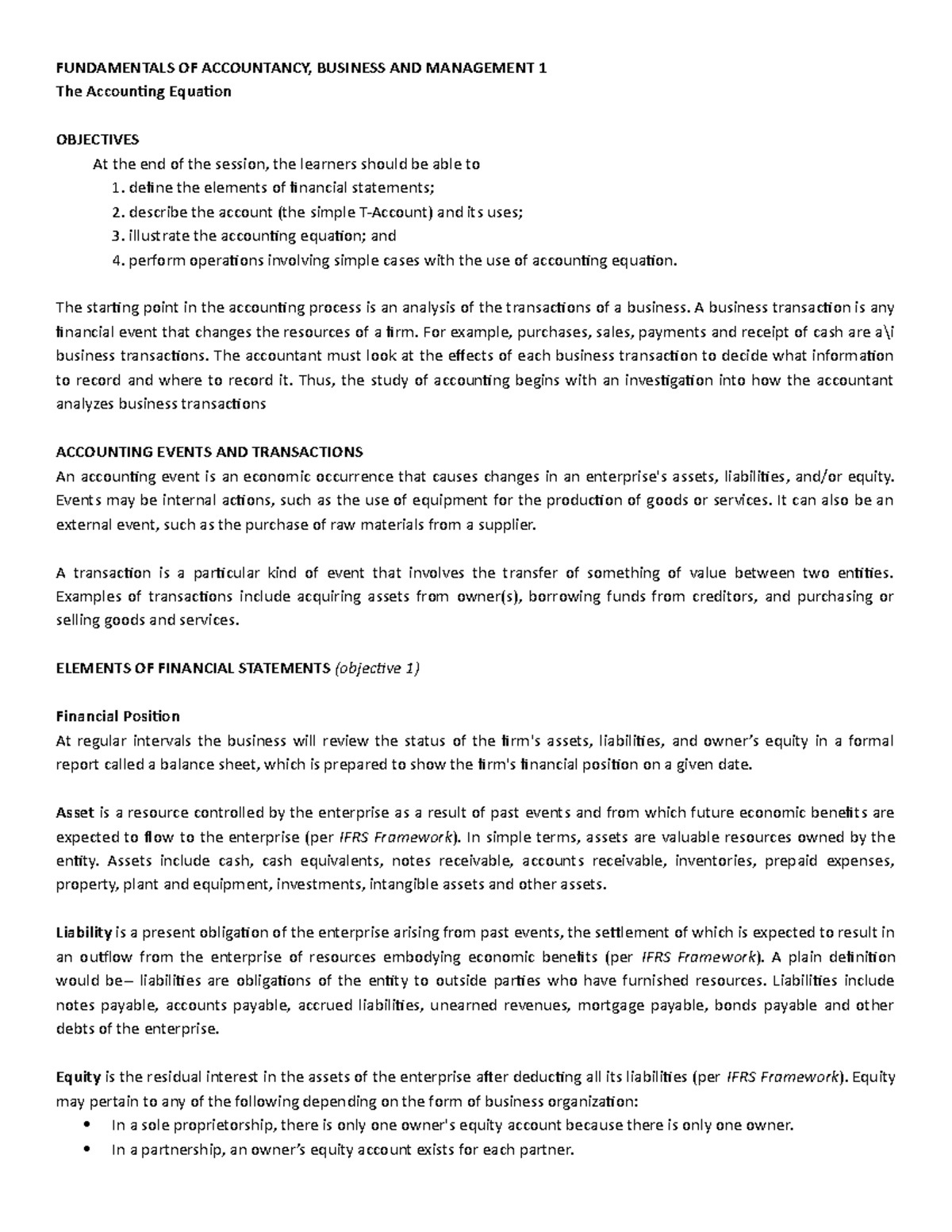 7 The Accounting Equation 4 pages - FUNDAMENTALS OF ACCOUNTANCY ...