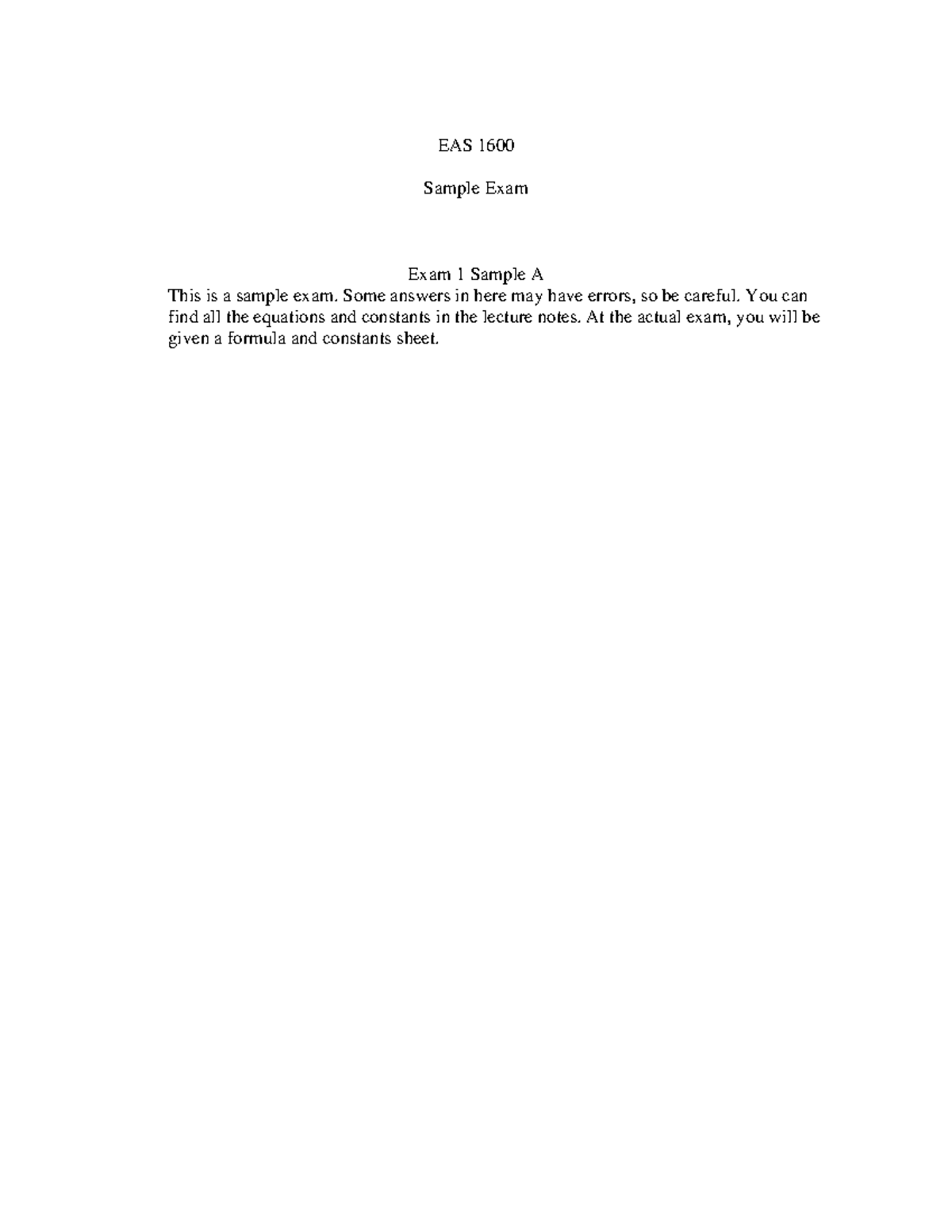 Exam+1 Sample+A - Exam Solutions - EAS 1600 Sample Exam Exam 1 Sample A ...