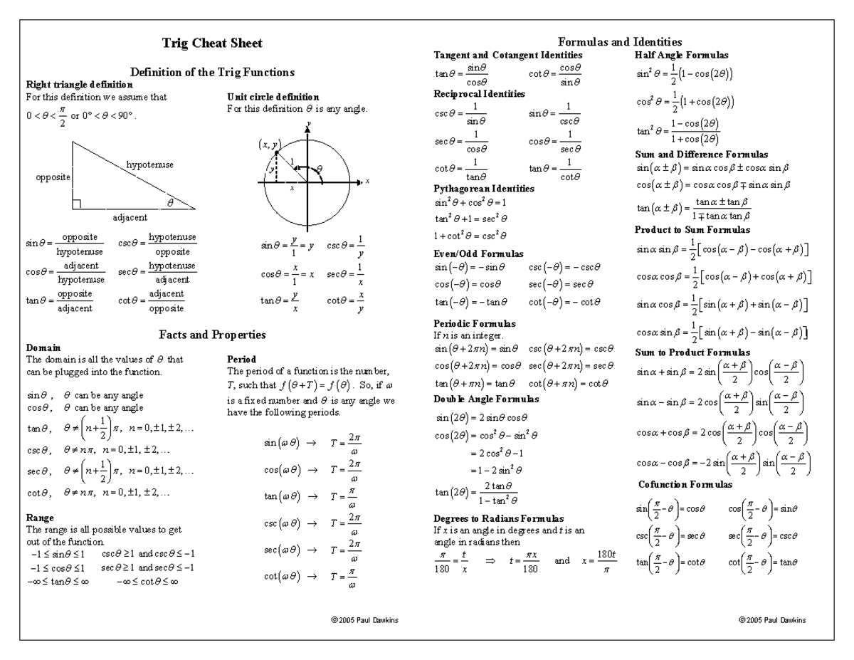 Trig 2 - 3231 - © 2005 Paul Dawkins Trig Cheat Sheet Definition of the ...