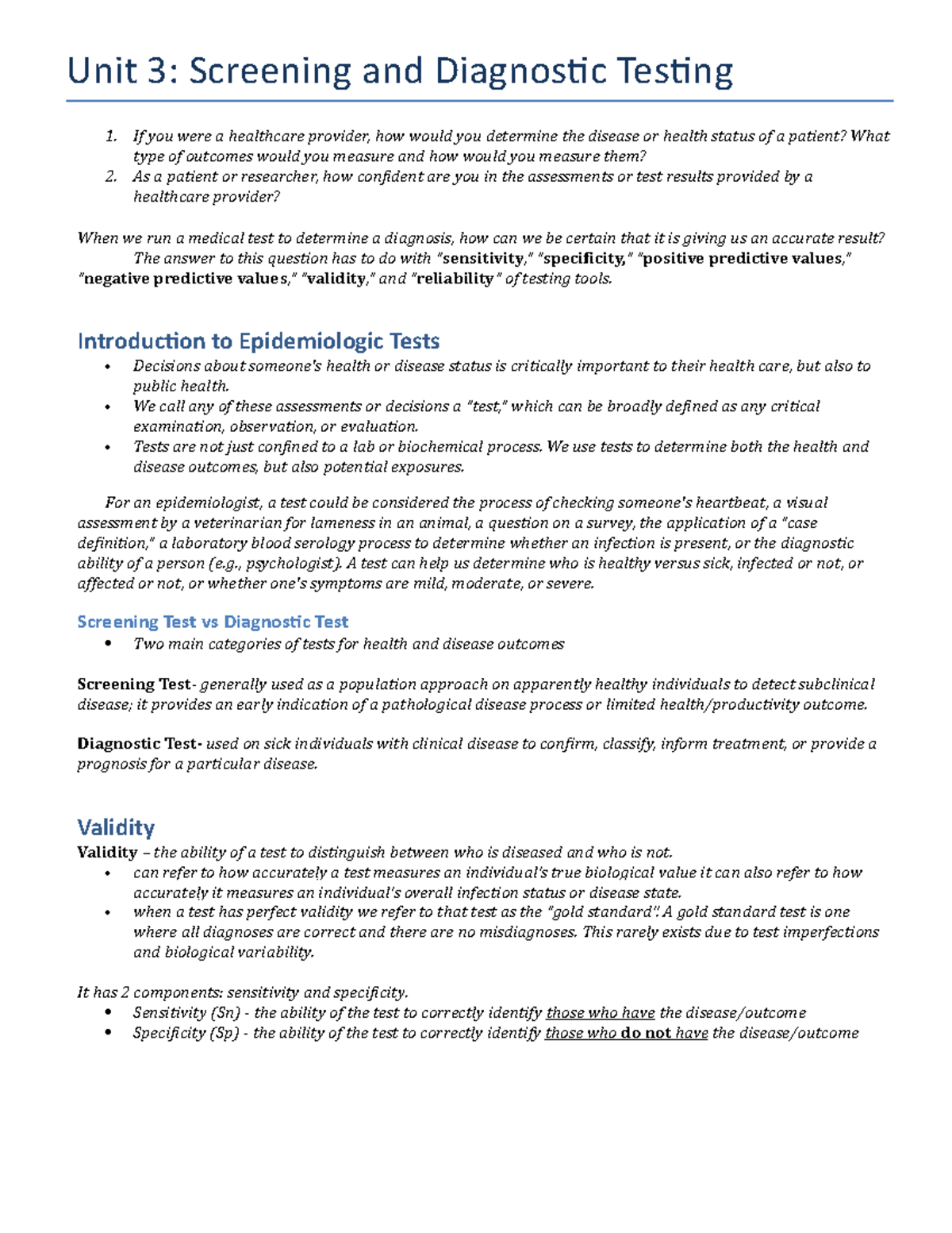 Epi unit 3 - Chapter summary for DE - Unit 3: Screening and Diagnostic ...