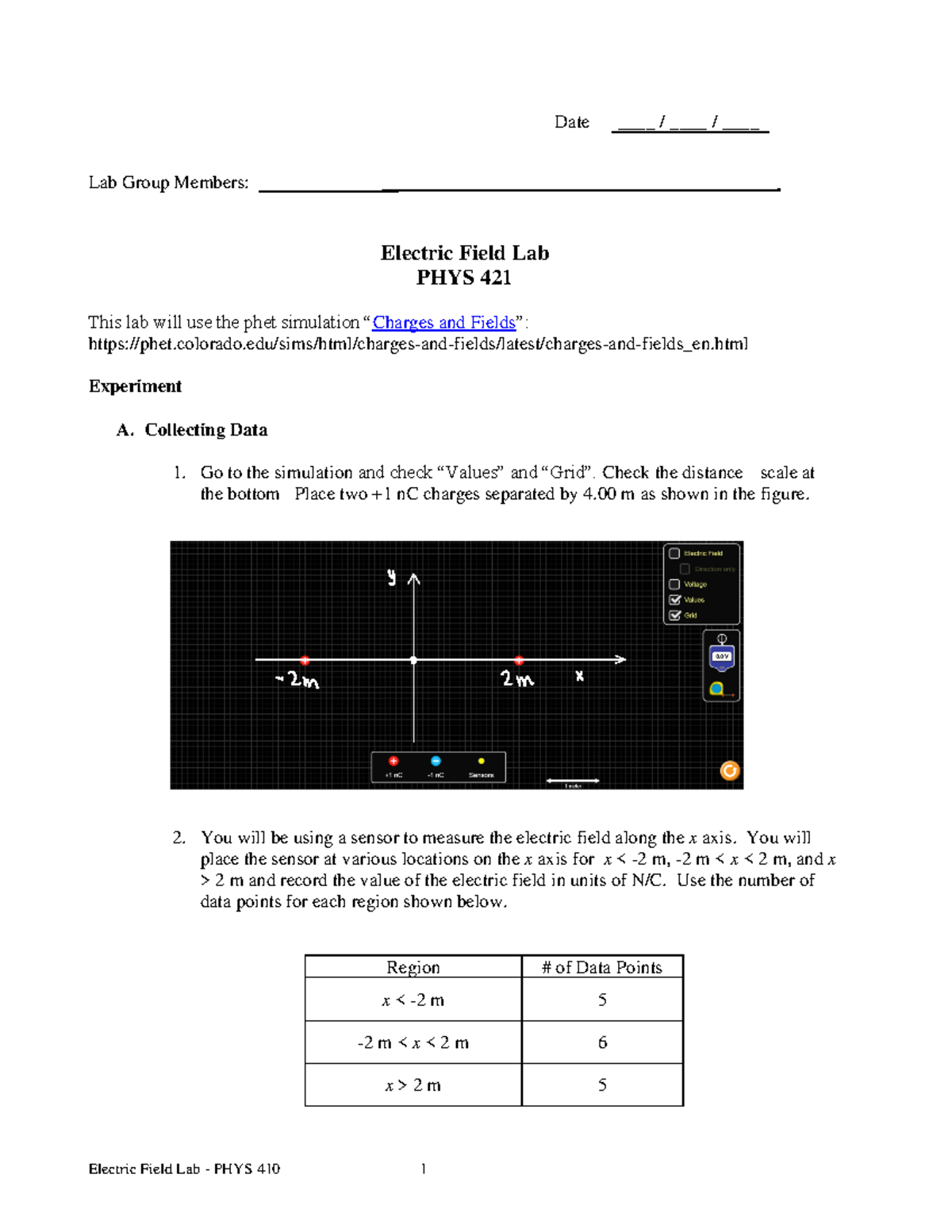 Electric Field Remote Lab - Electric Field Lab - PHYS 410 1 Date ...