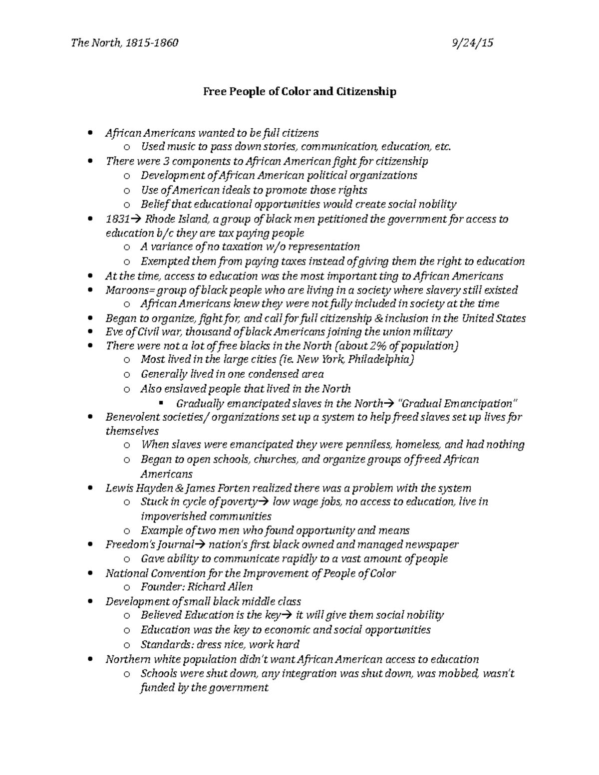 Free People of Color and Citizenship - There were 3 components to ...