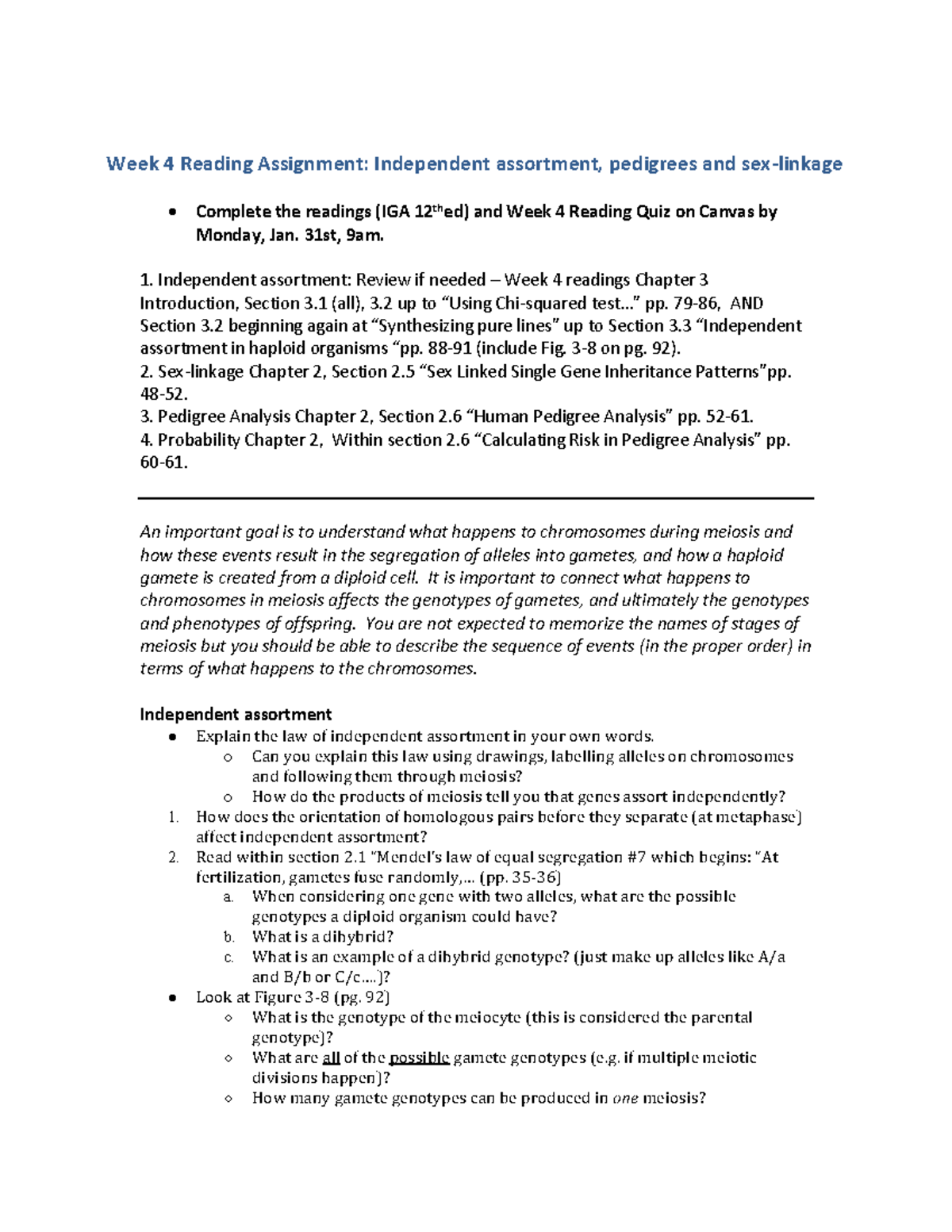 234 2021W T2 Week 4 reading - Week 4 Reading Assignment: Independent assortment, pedigrees and ...