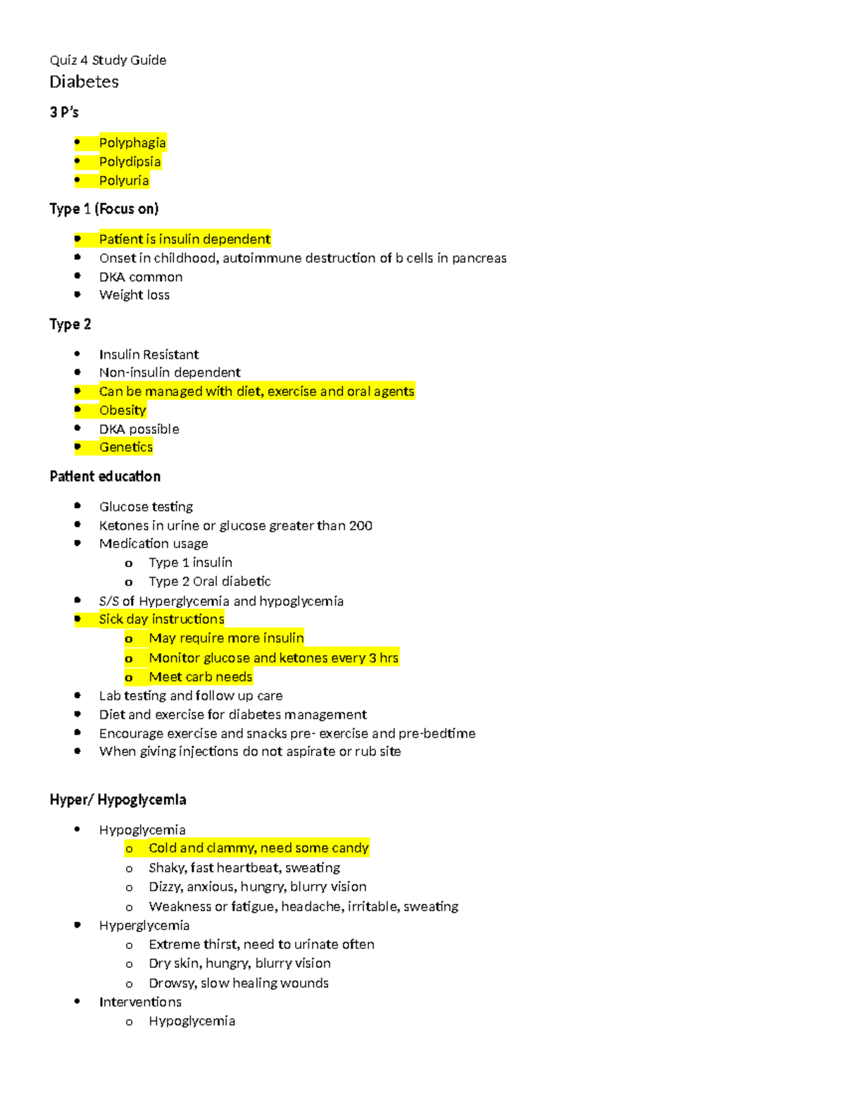Week 4 study guide - Diabetes - Diabetes 3 P’s Polyphagia Polydipsia ...