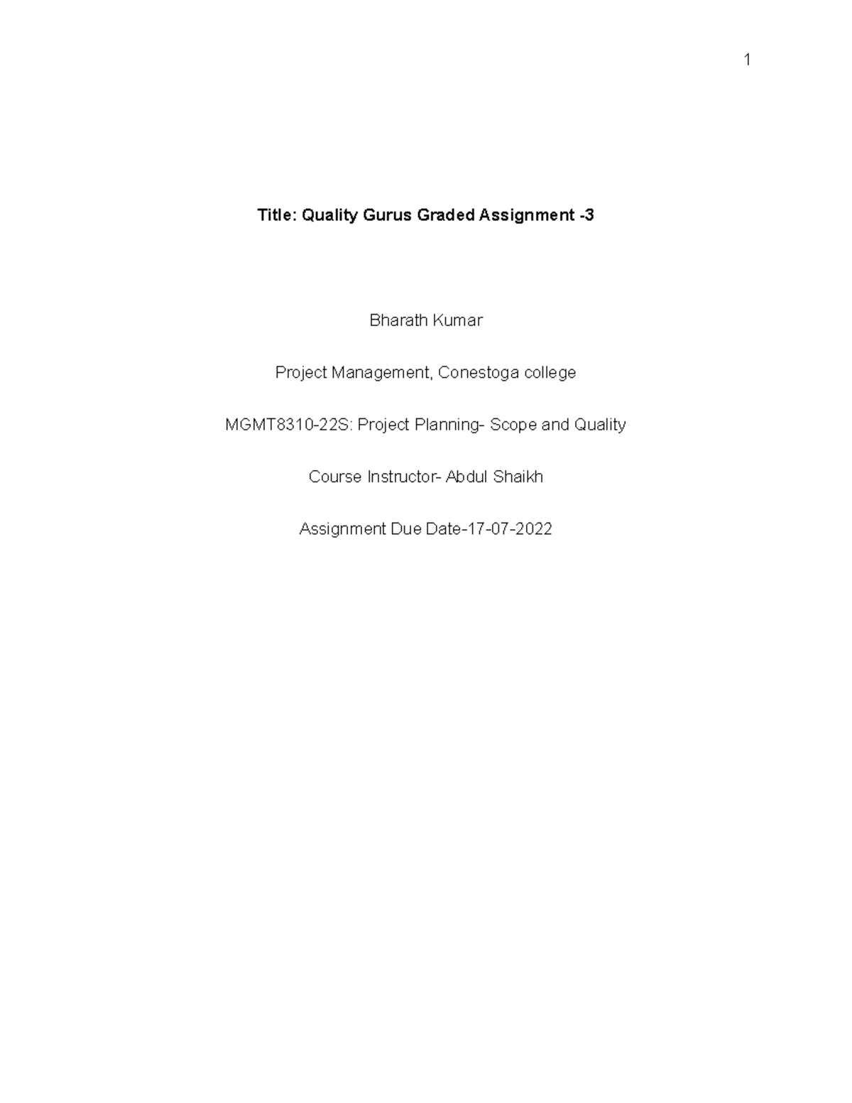Graded 3 Assignment Project Management 1 Title Quality Gurus Graded Assignment Bharath 