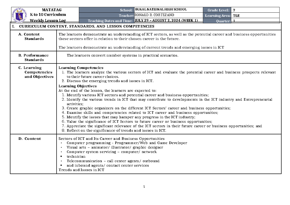 DLL Matatag TLE 7 Q1 W1 - I. CURRICULUM CONTENT, STANDARDS, AND LESSON ...