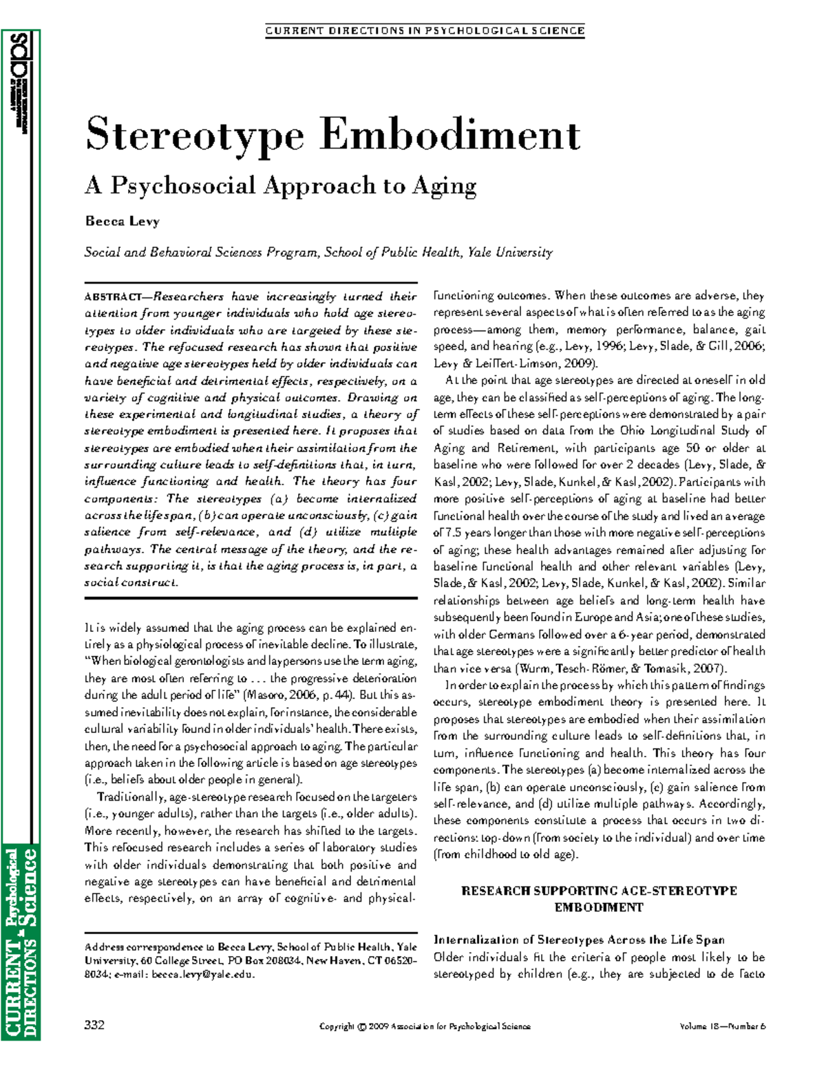 Levy 2009 stereotype embodiment a psychosocial approach to aging ...