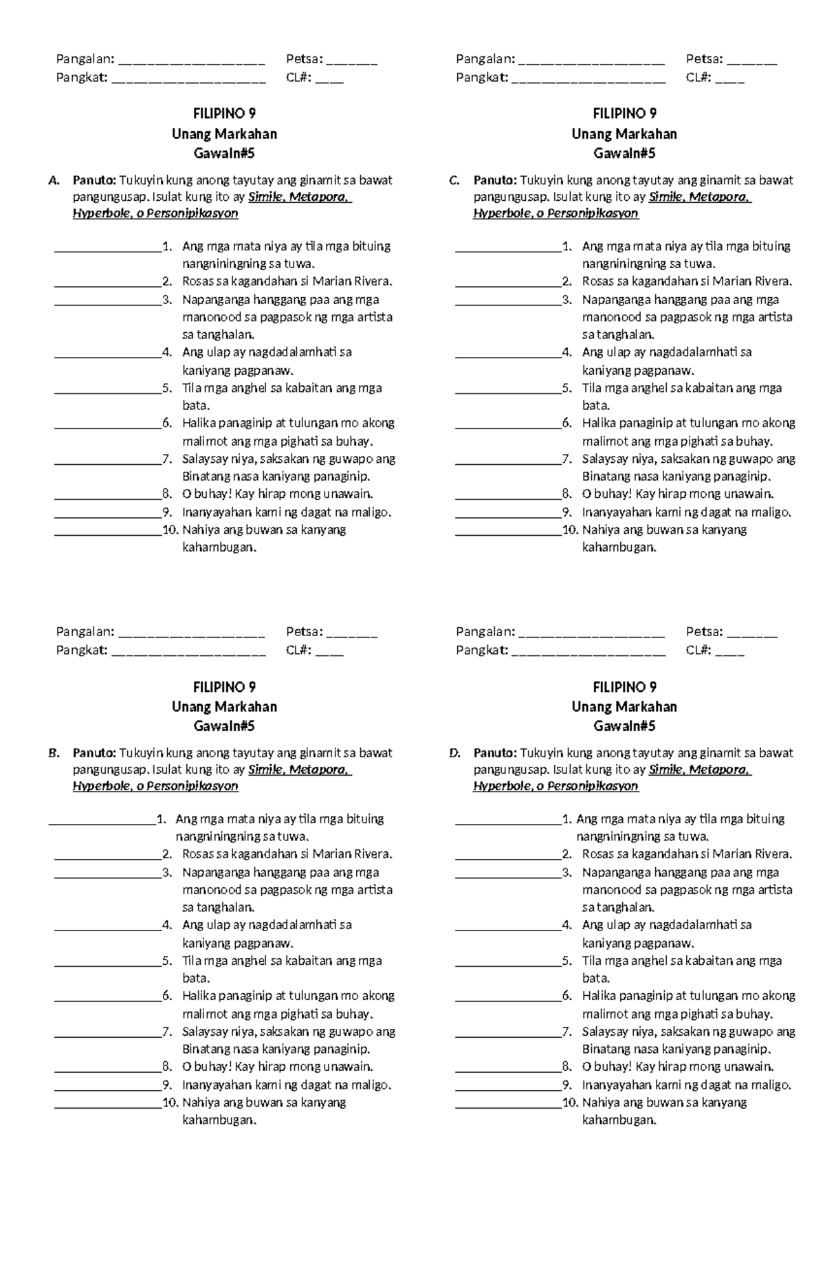 Gawain#5Q1Filipino 9 - activity sheets in Filipino 9 - Pangalan: ____________________ Petsa ...