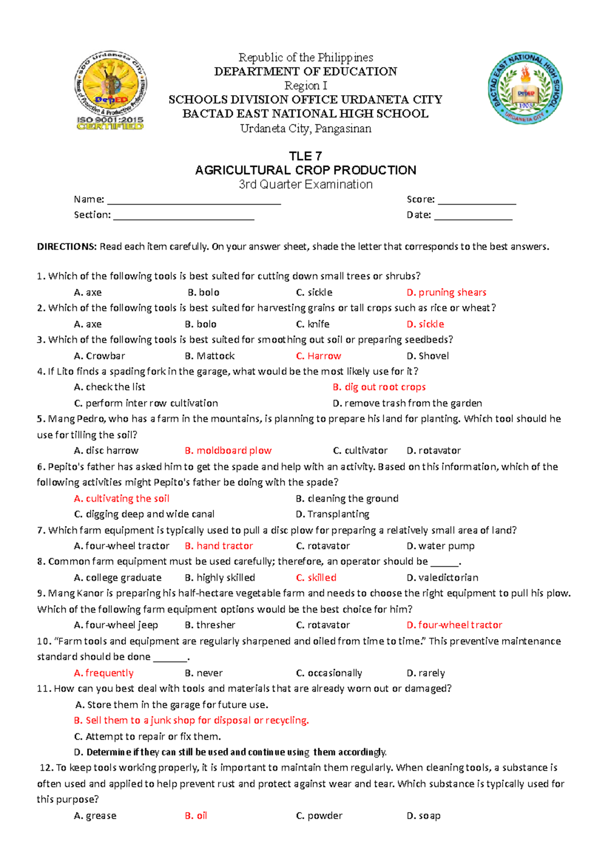 Agriculture-EXAM - EXAM tle 7 - Republic of the Philippines DEPARTMENT ...