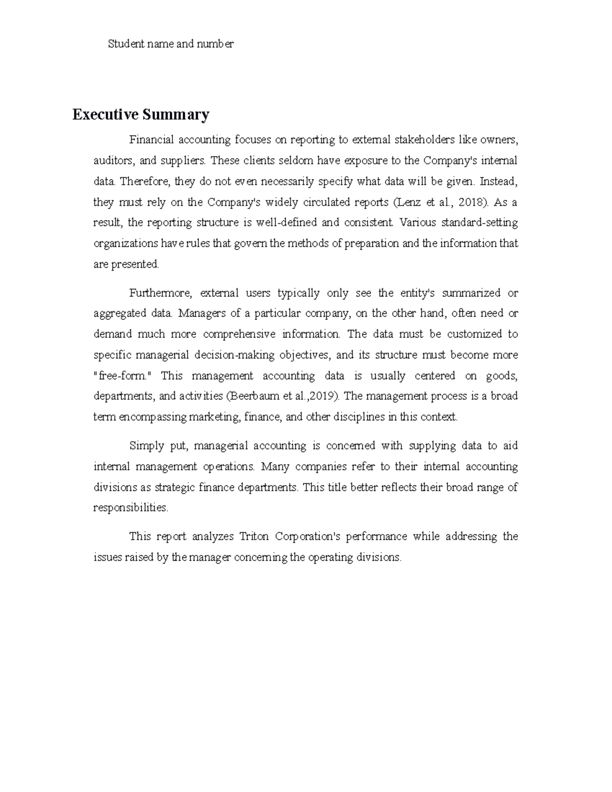 Managerial Accounting Report - Student name and number Executive ...