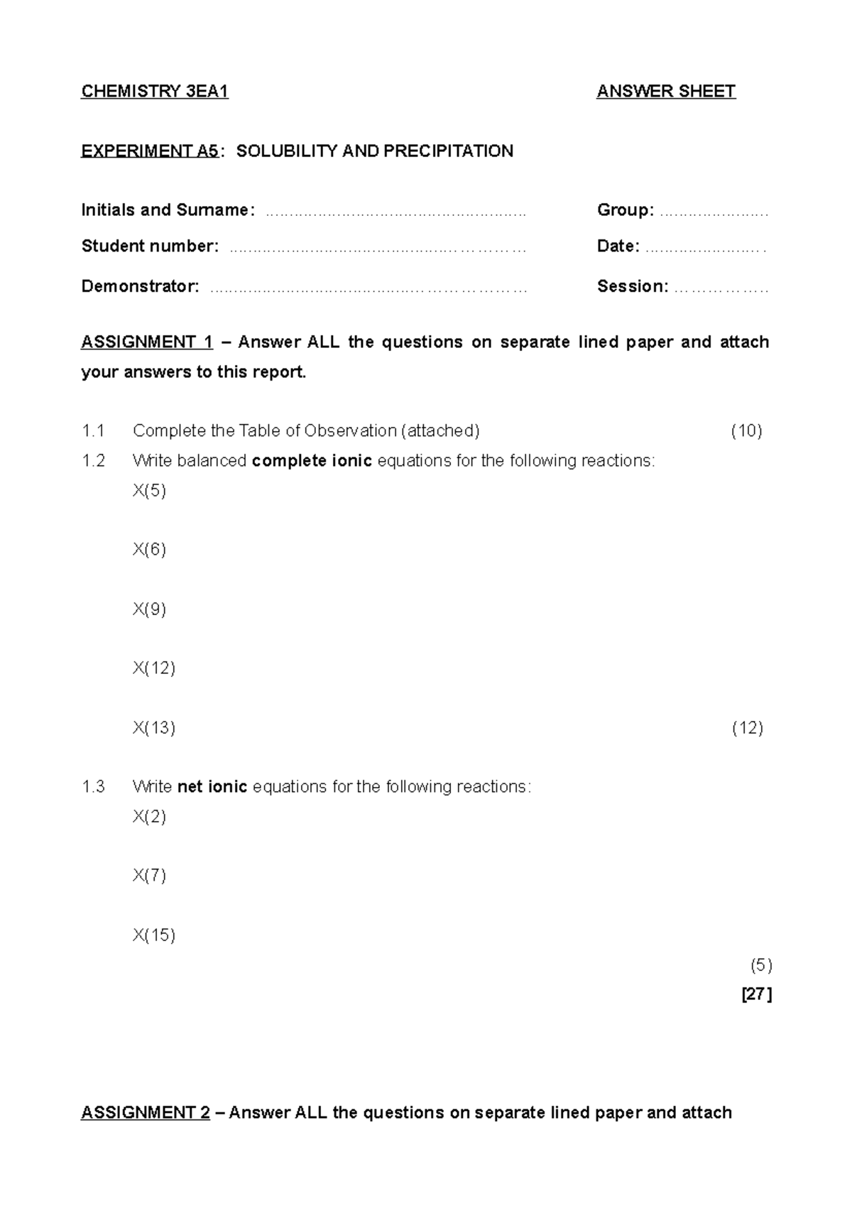 CEM3EA1 - EXP A5 Answer Sheet 2023 - CHEMISTRY 3EA1 ANSWER SHEET ...