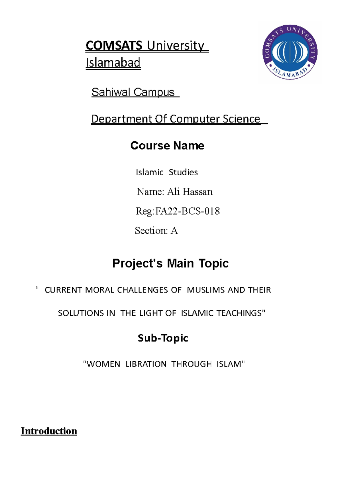 Assignment (project) - want - COMSATS University Islamabad Sahiwal ...