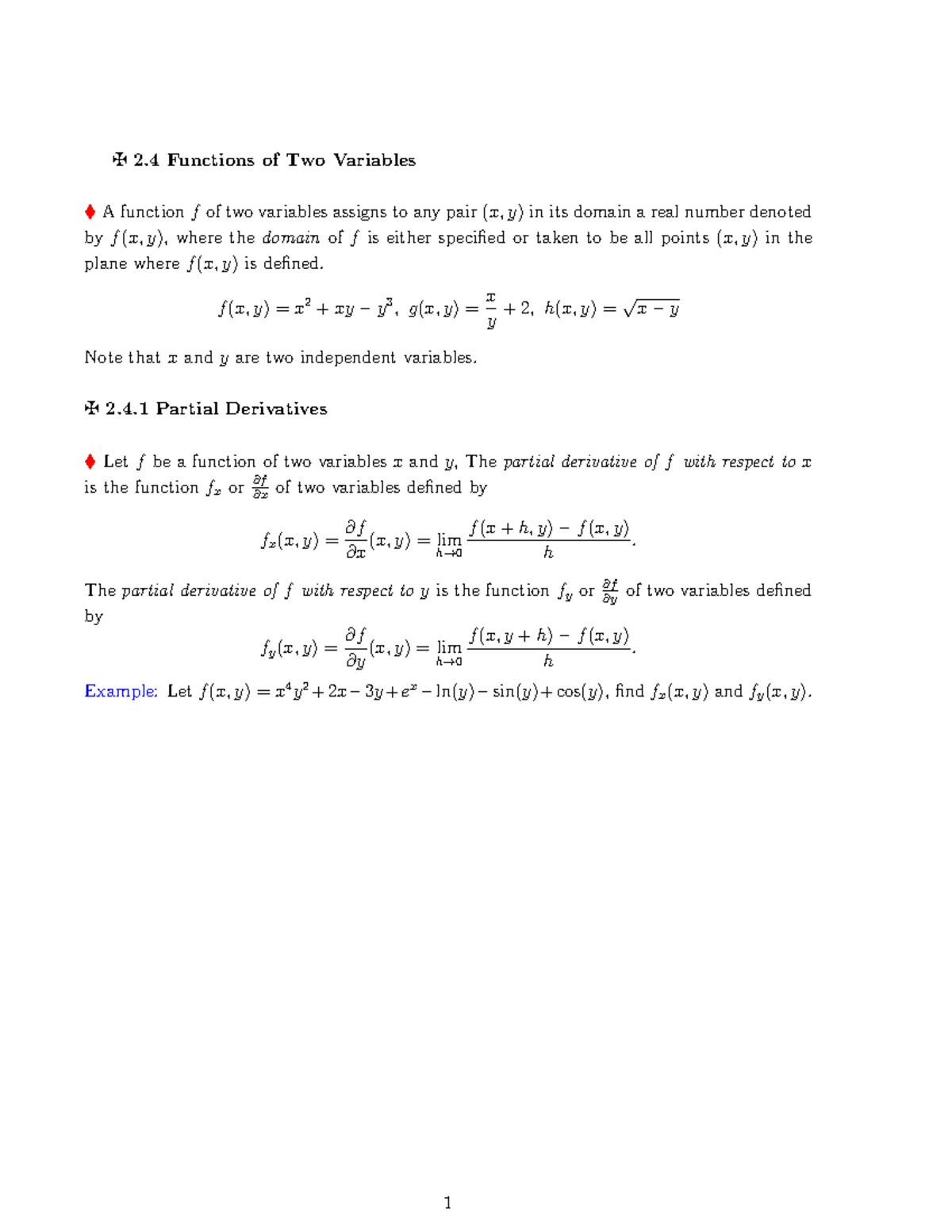 Math 1005 Notes Week 3 Z 2 Functions Of Two Variables A Function F Of Two Variables Assigns