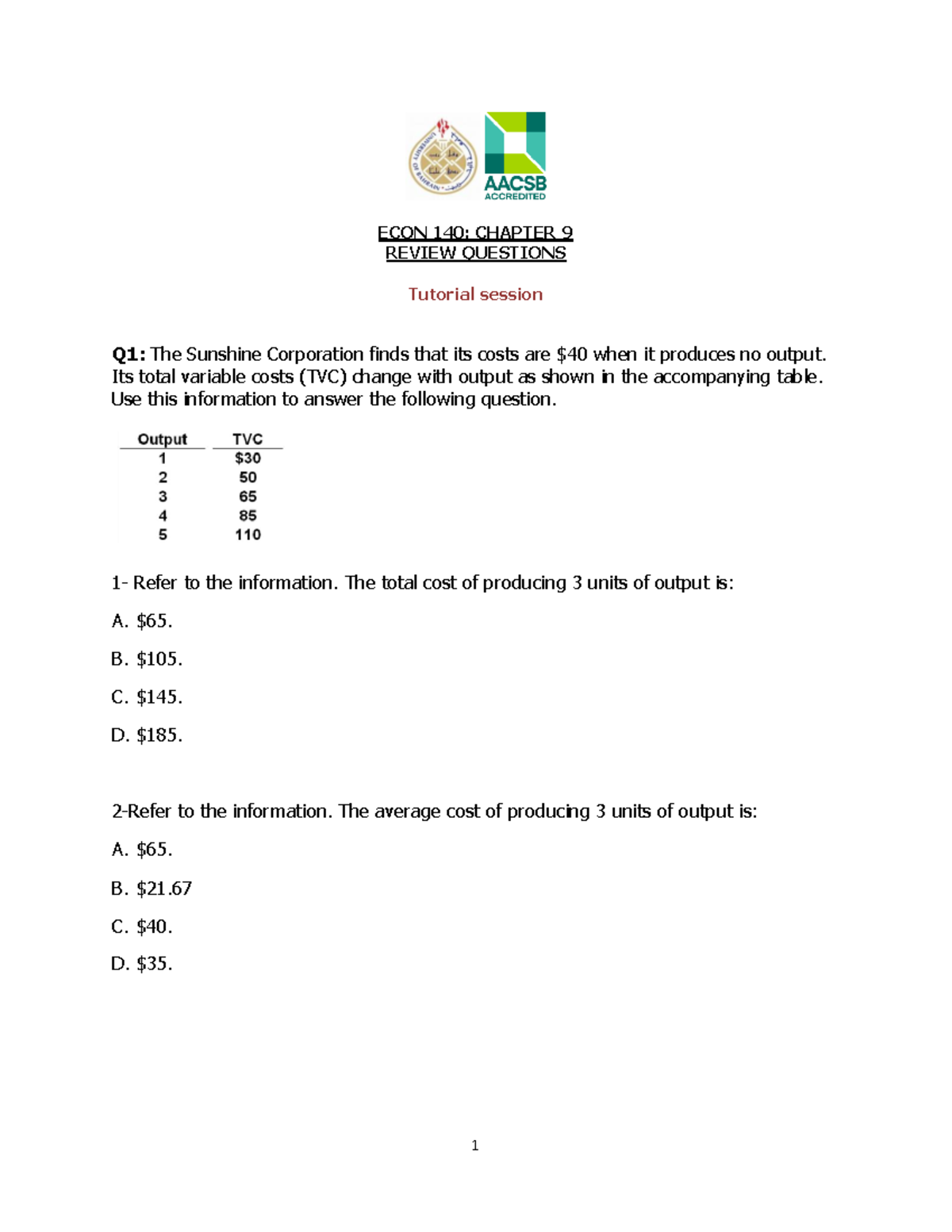 Chapter 9 Review Questions and Answers - ECON 140: CHAPTER 9 REVIEW ...
