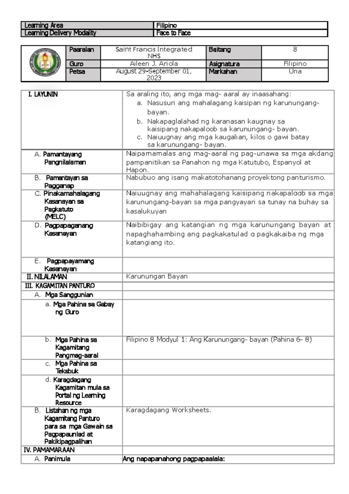 Ariola-LE-WEEK 1 - LESSON EXEMPLAR - Learning Area Filipino Learning ...