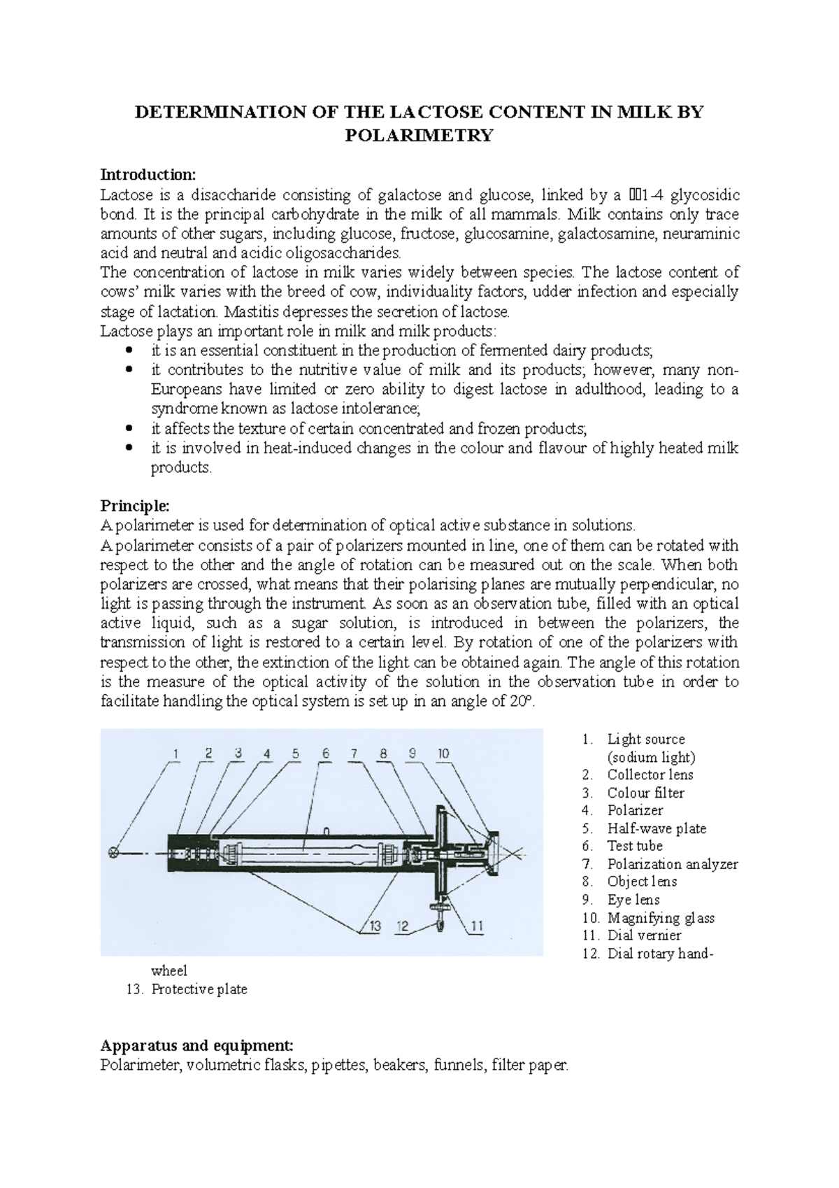 Food Chemistry Lab Milk - DETERMINATION OF THE LACTOSE CONTENT IN MILK BY POLARIMETRY ...