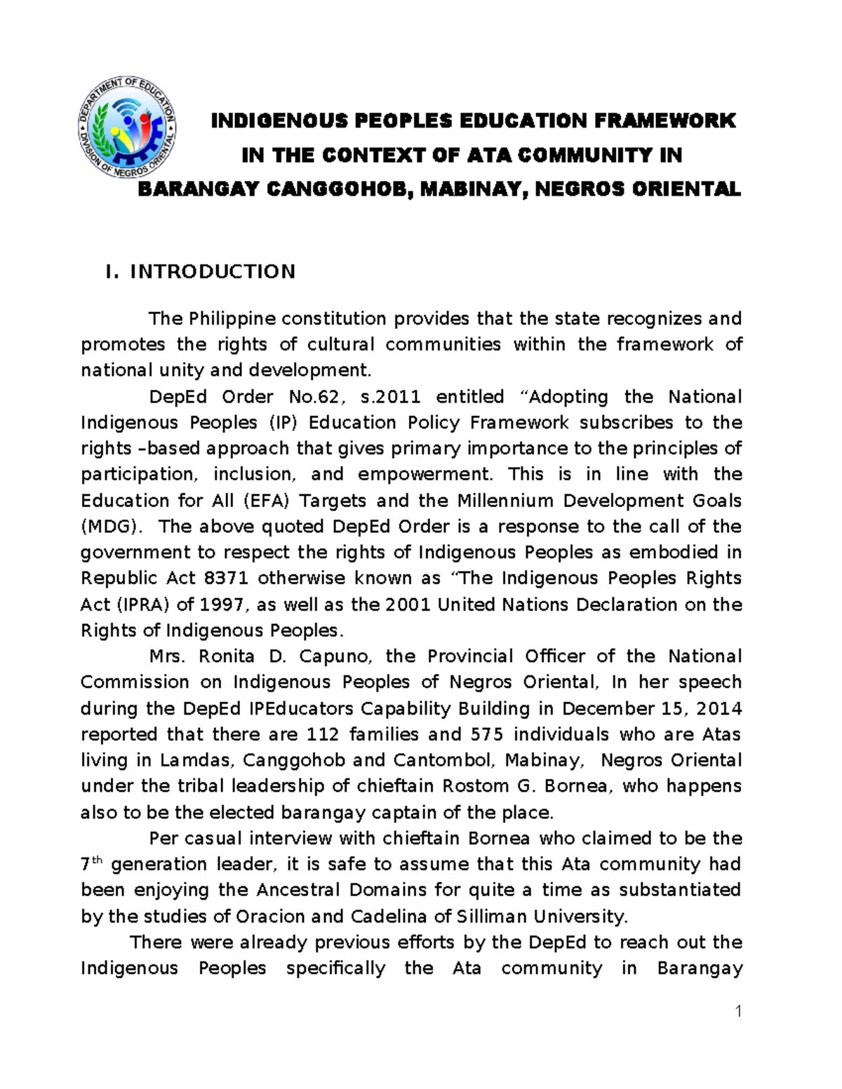 ATA IPED Framework - INDIGENOUS PEOPLES EDUCATION FRAMEWORK IN THE ...