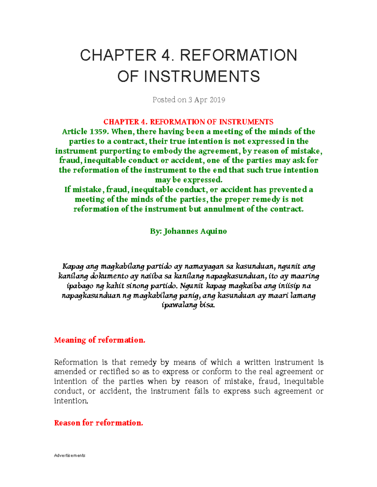 Chapter 4. Reformation OF Instruments – Obligations AND Contracts - CHAPTER 4. REFORMATION OF ...