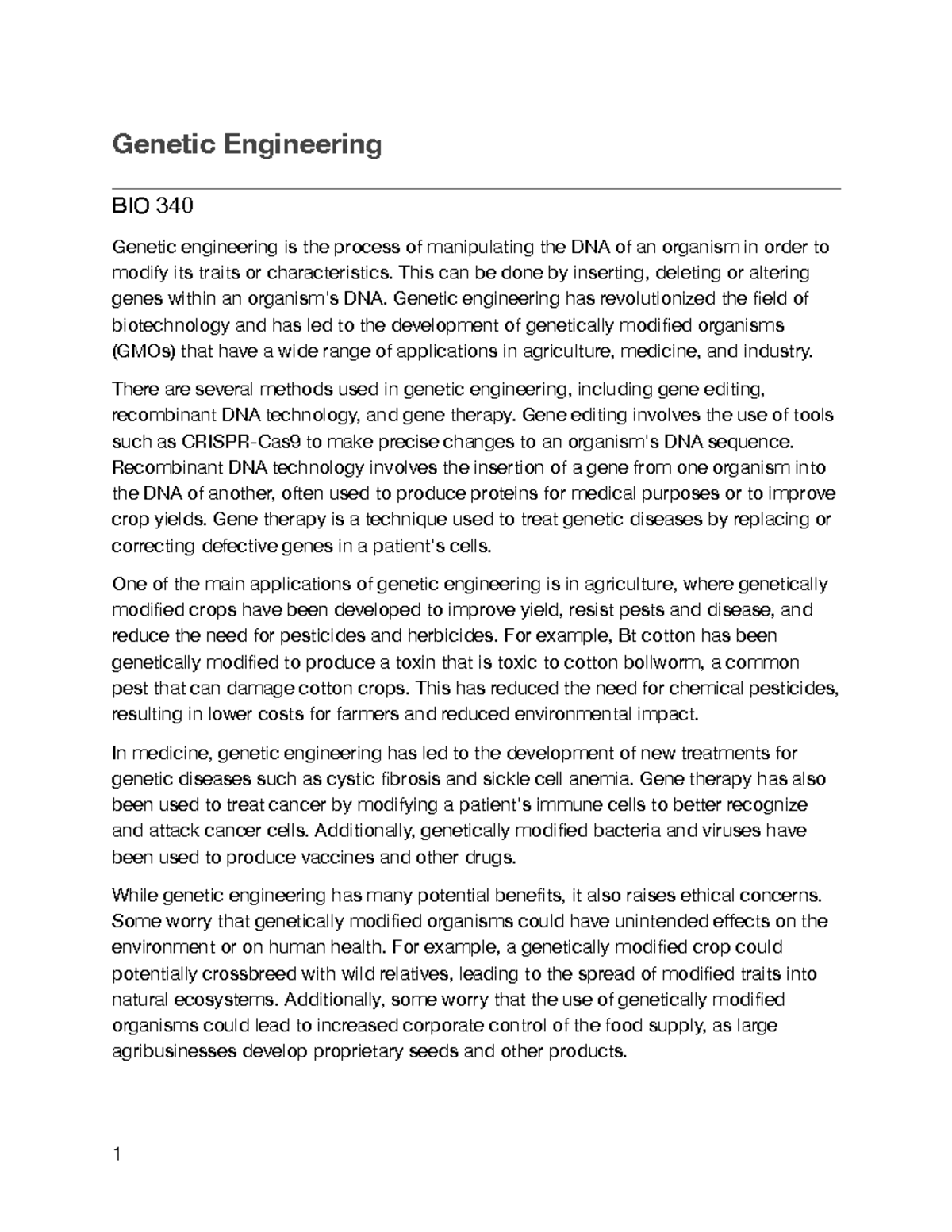Genetic Engineering Notes - Genetic Engineering BIO 340 Genetic ...