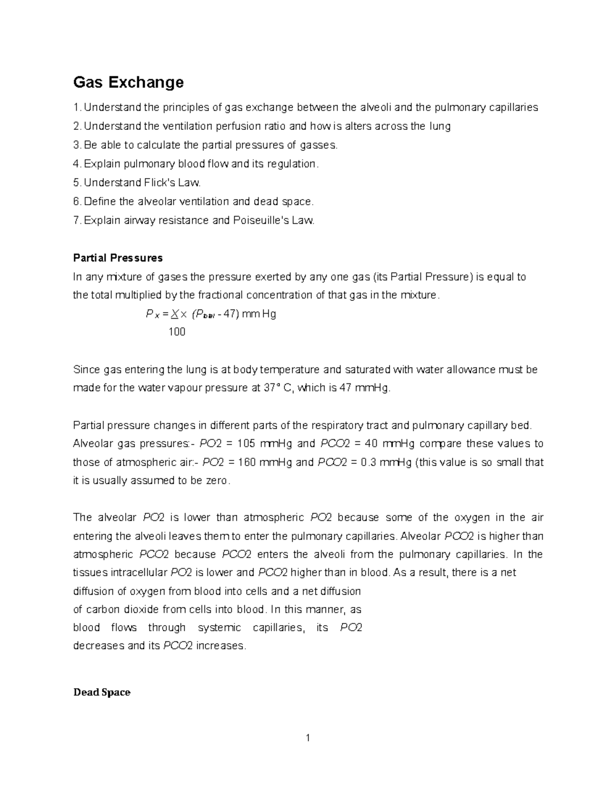 Gas Exchange lecture summary 12 - 1 Gas Exchange 1 the principles of ...
