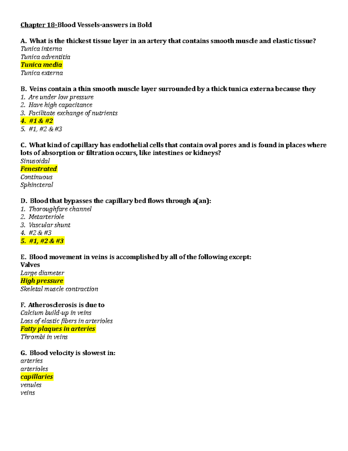 Chap 18 blood vessels practice exam questions with answers - Chapter 18 ...