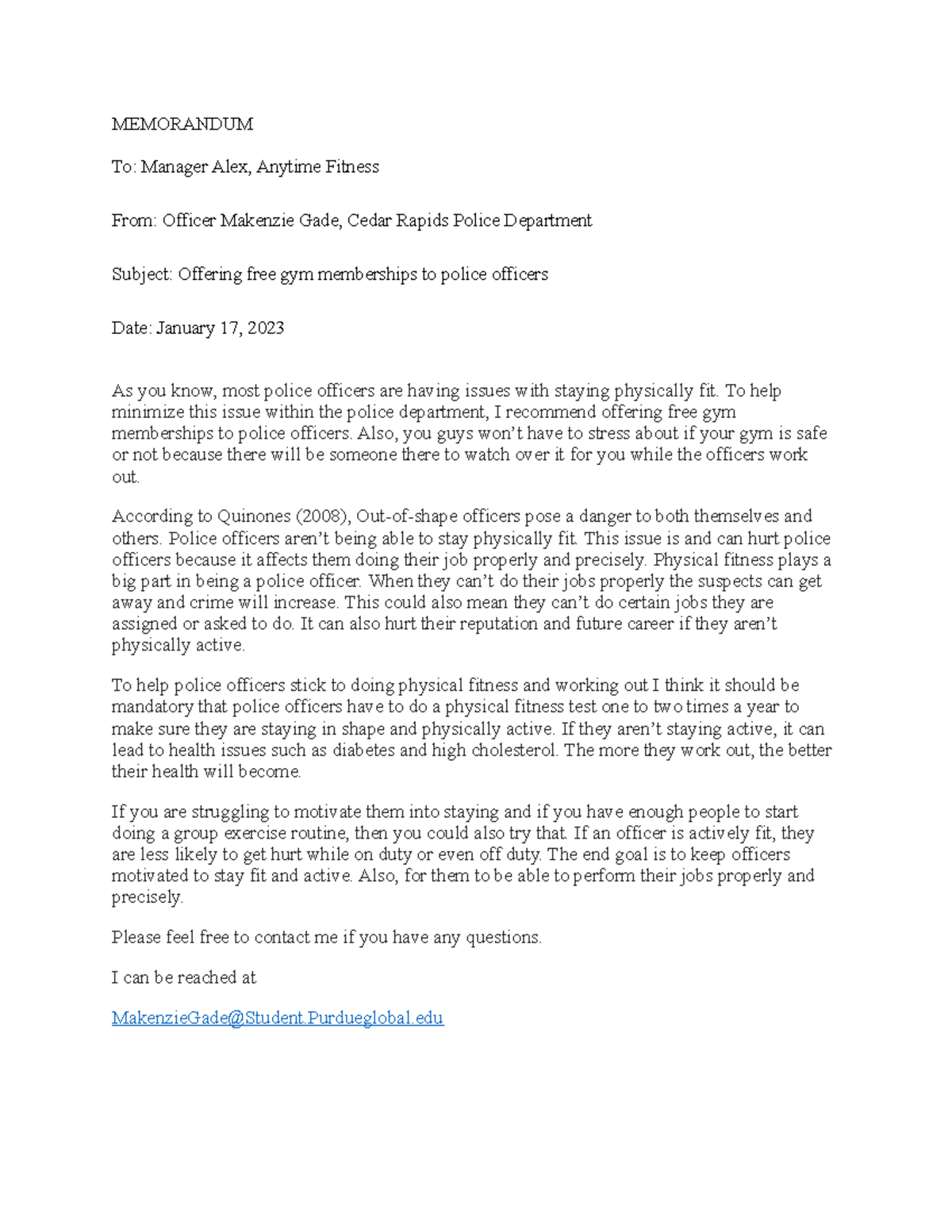 Memorandum C1 - MEMORANDUM To: Manager Alex, Anytime Fitness From ...