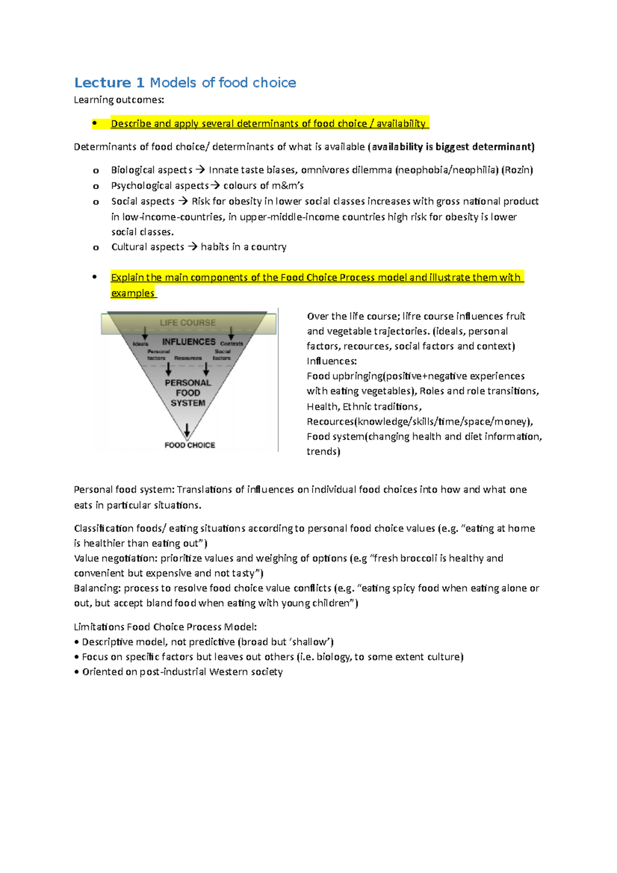 Learning goals - Lecture 1 Models of food choice Learning outcomes ...