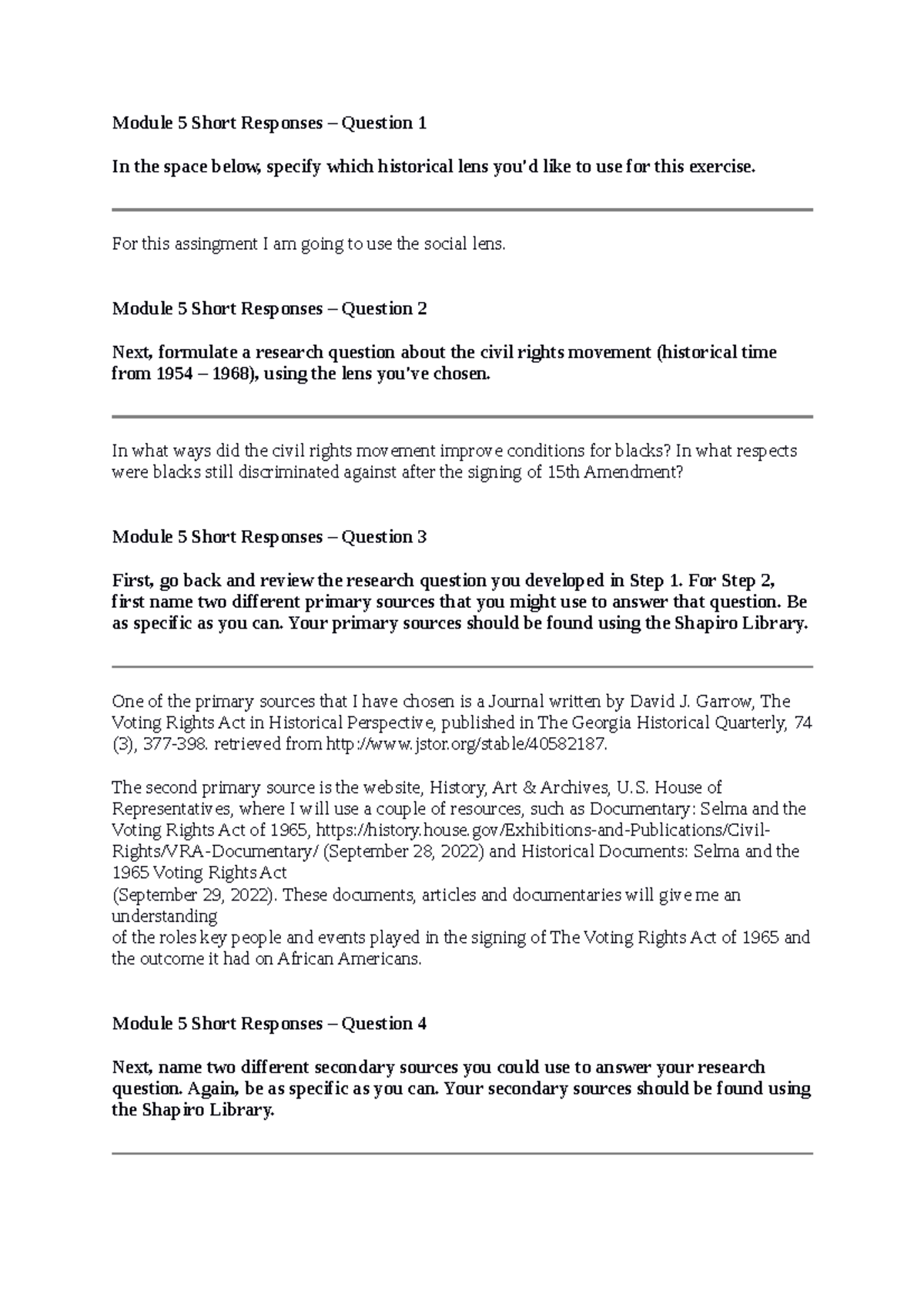 Short answers week 5 - Module 5 Short Responses – Question 1 In the space below, specify which ...