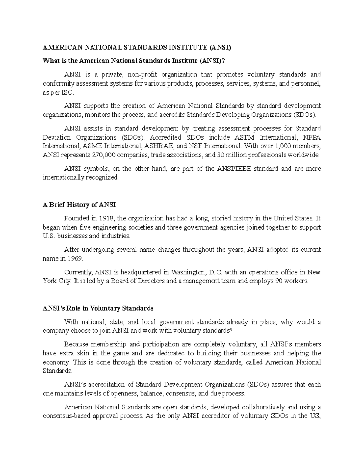 American National Standards Institute - ANSI supports the creation of ...