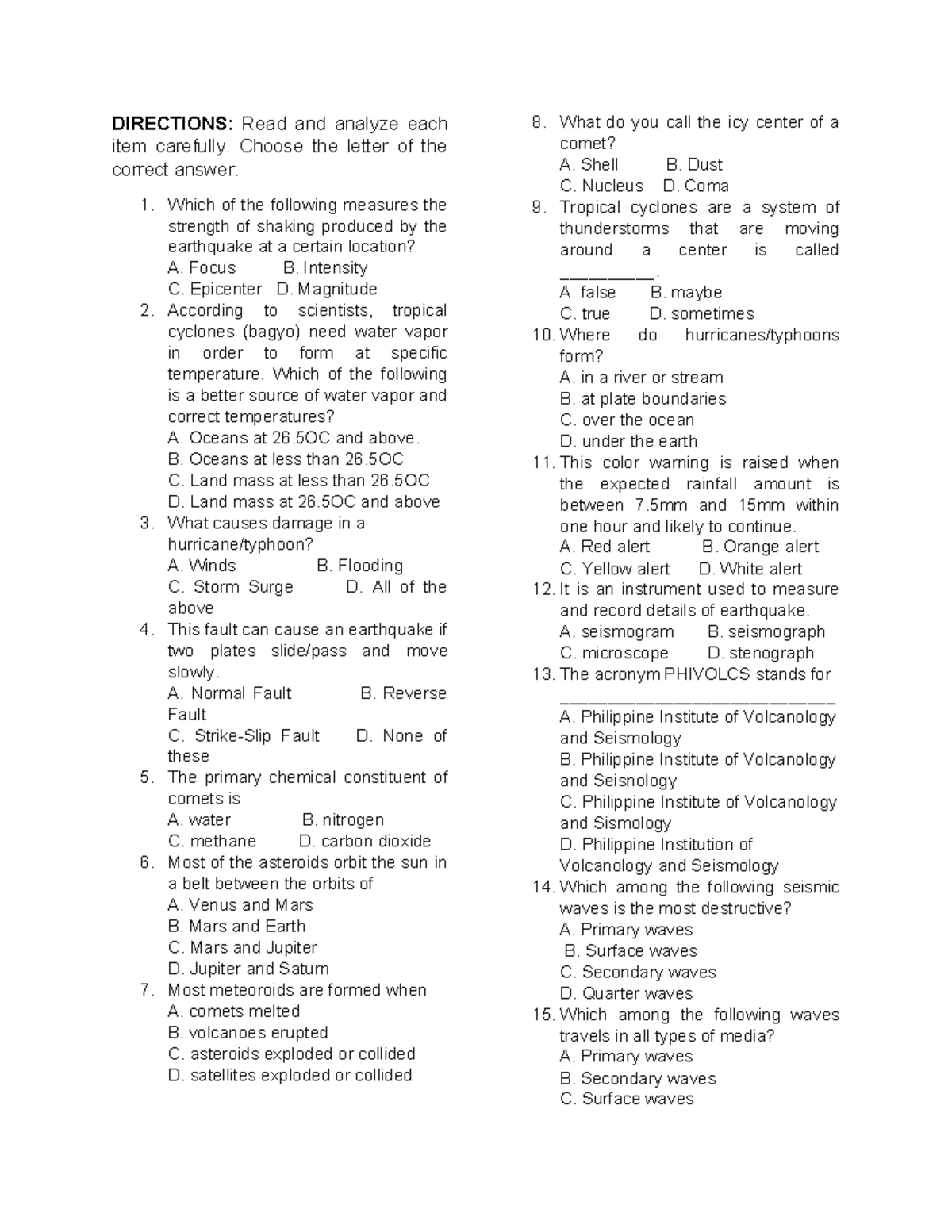 Reviewer - DIRECTIONS: Read and analyze each item carefully. Choose the letter of the correct ...