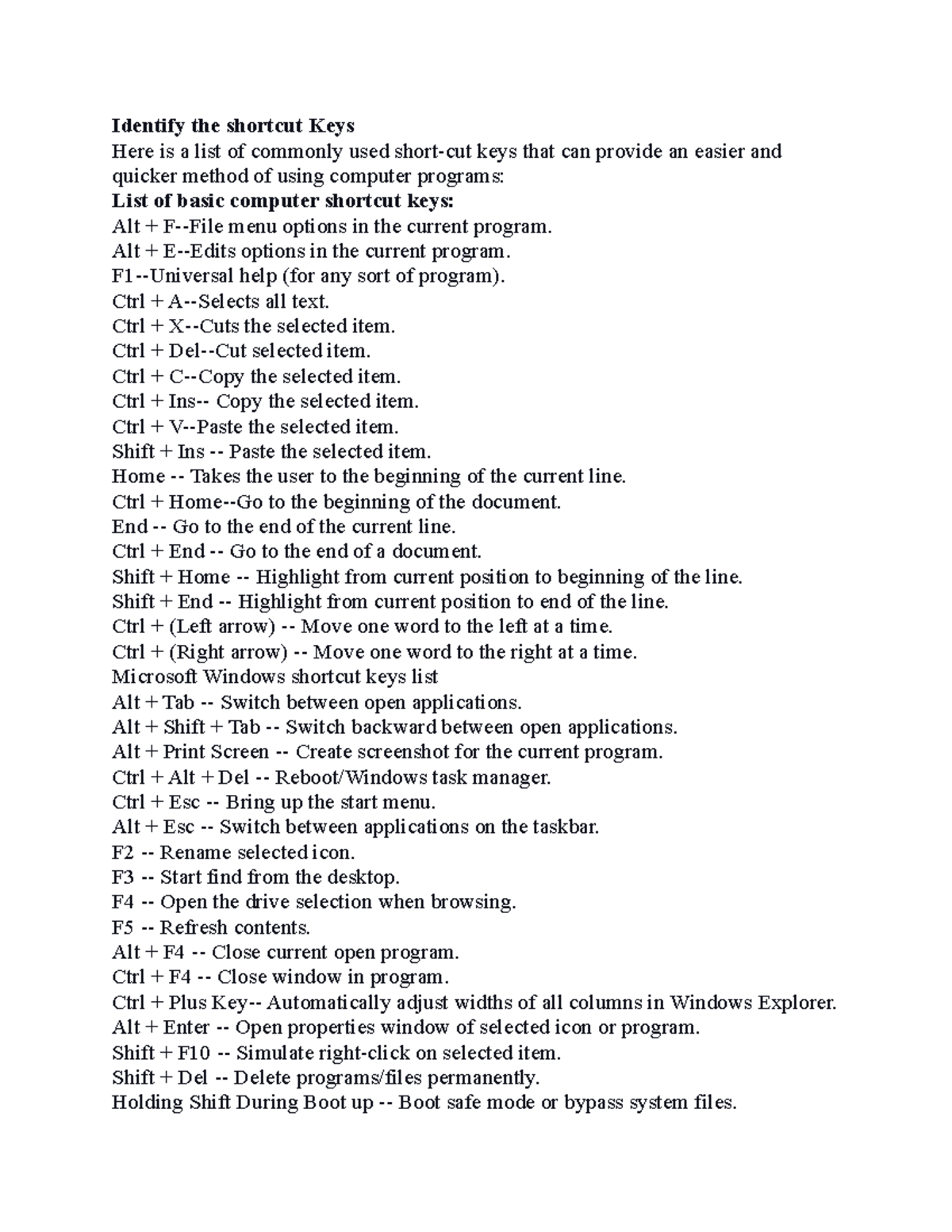 Identify Short CUT KEYS - Identify the shortcut Keys Here is a list of ...
