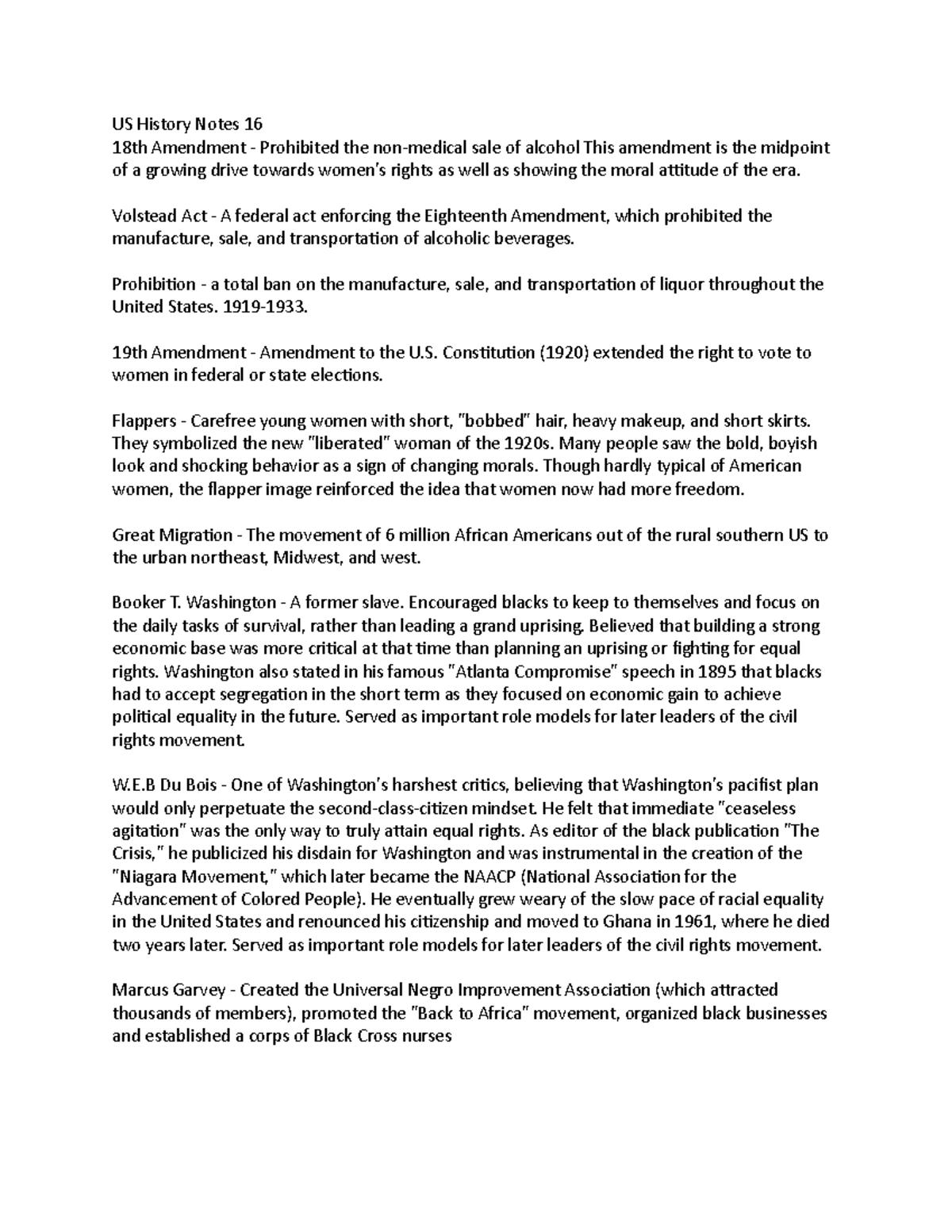 US History Notes 16 - Volstead Act - A federal act enforcing the ...