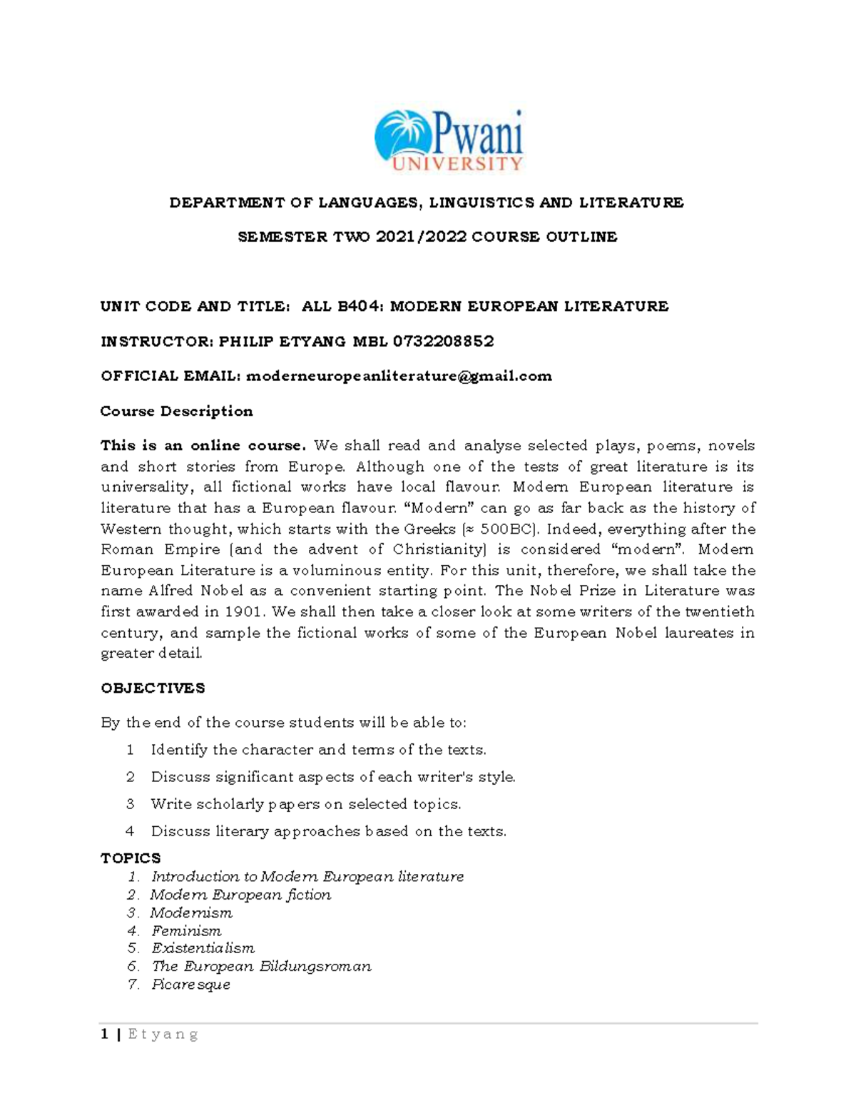 ALL B404 Modern European Literature Course Outline - 1 | E t y a n g ...