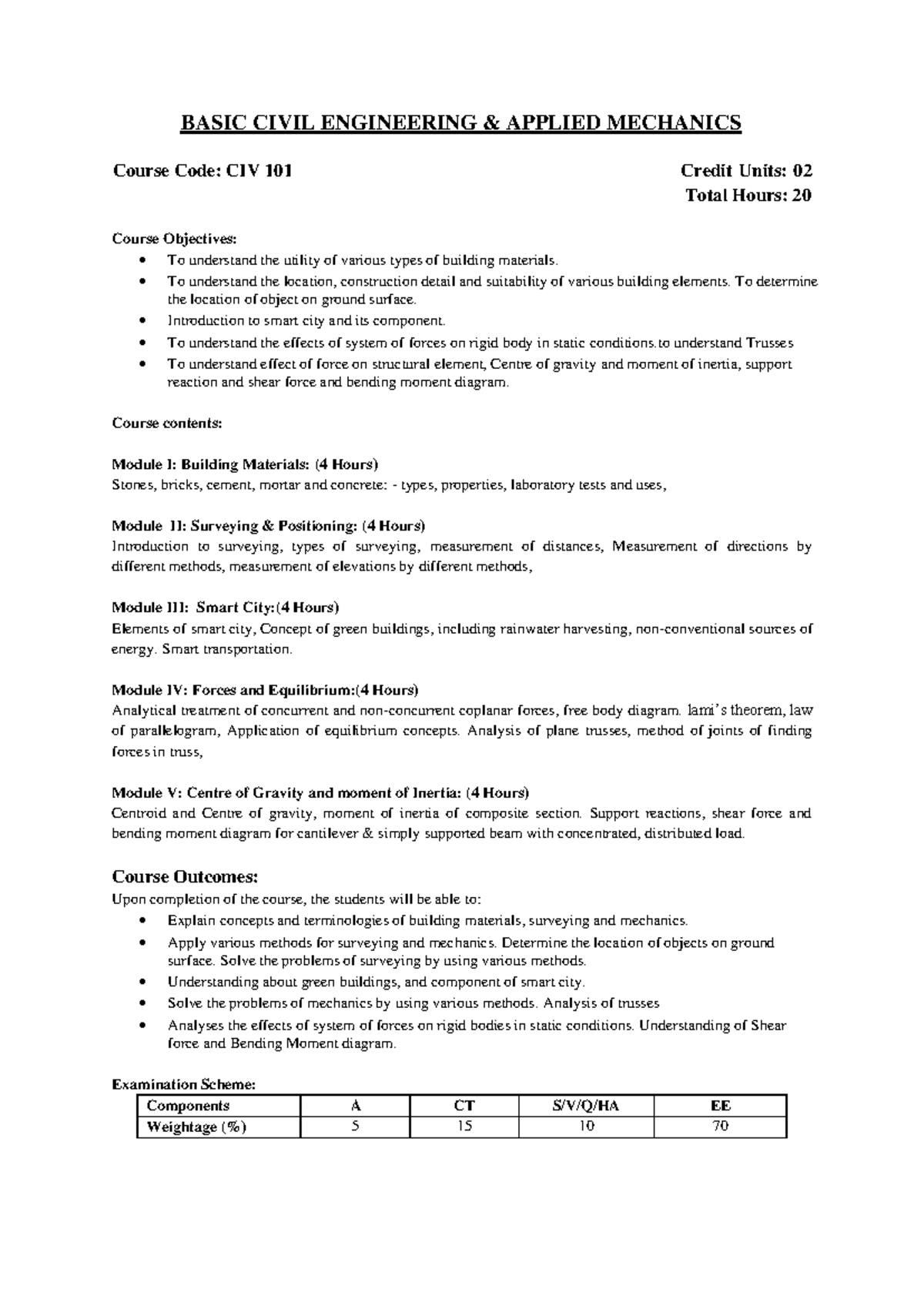 CIV 101 syllabus 23-24 - Rybgdfg - BASIC CIVIL ENGINEERING & APPLIED MECHANICS Course Code: CIV ...