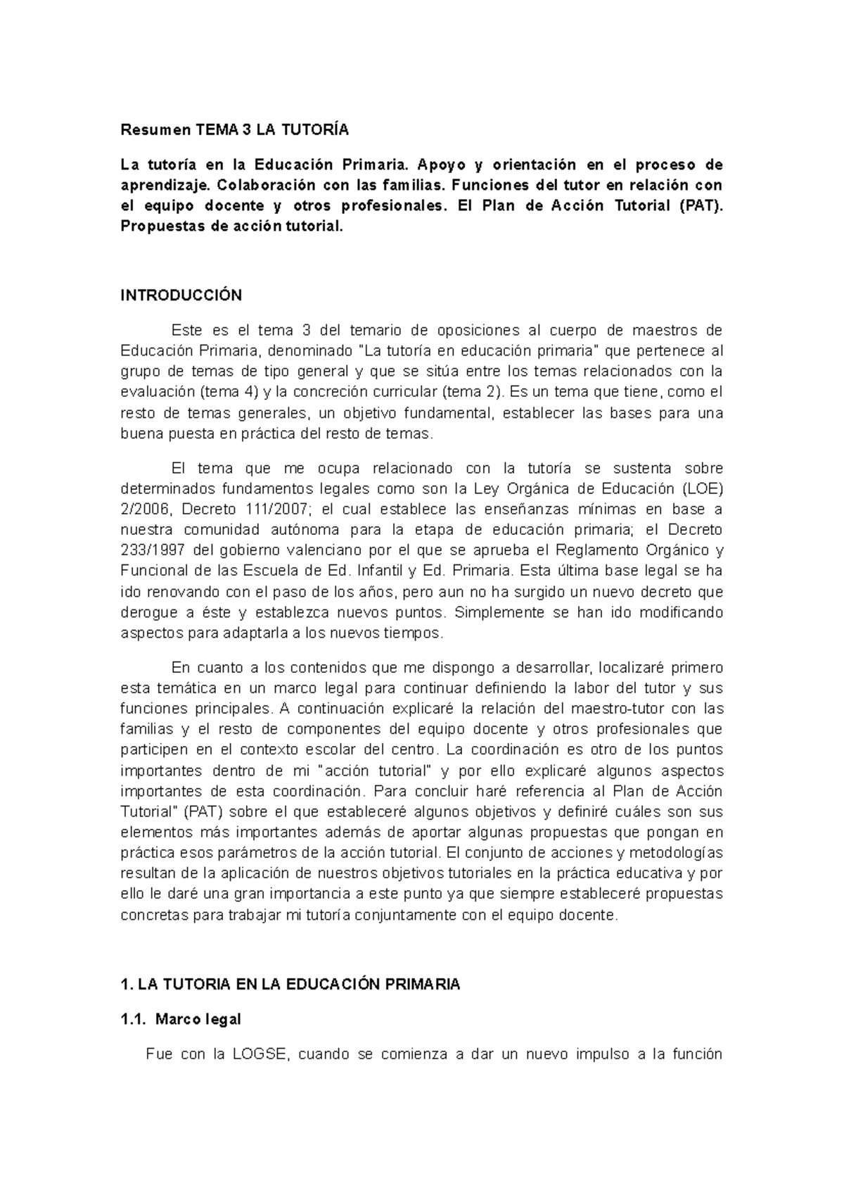 Resumen tema3 tutoria - hhhh - Resumen TEMA 3 LA TUTORÍA La tutoría en la Educación Primaria ...