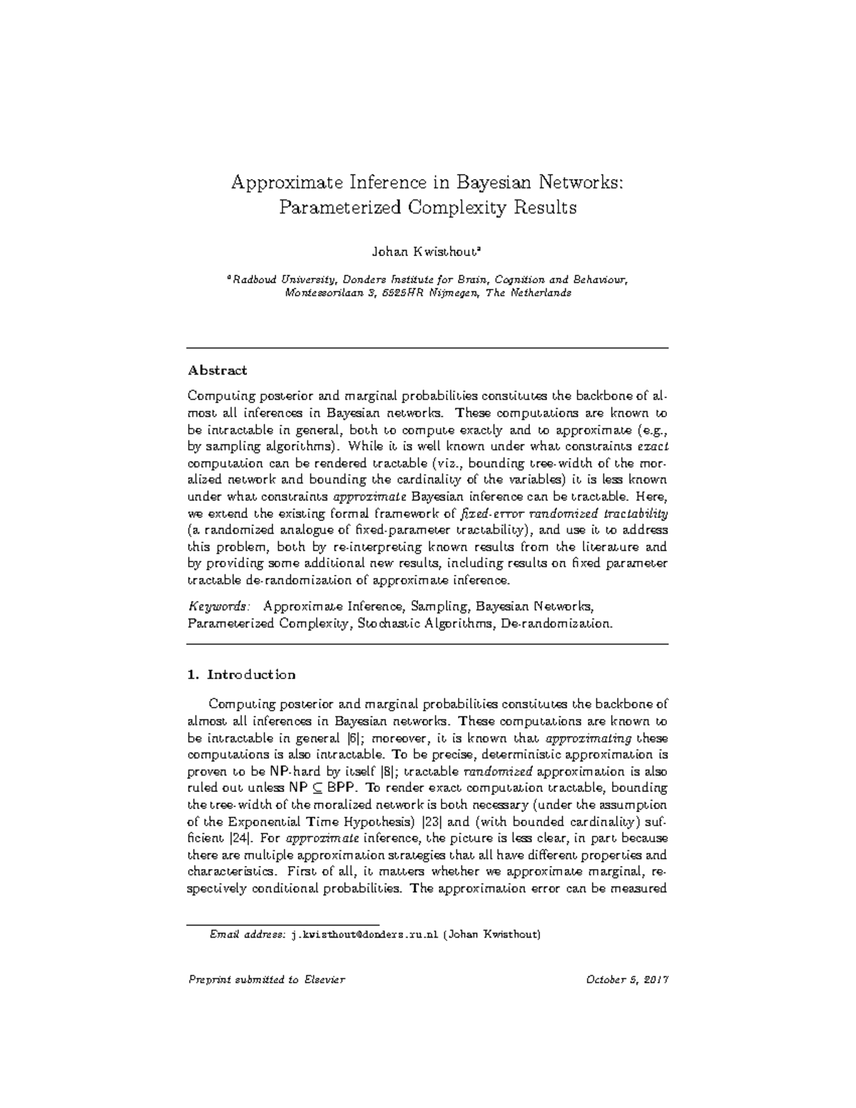 Approx Inference pp - Approximate Inference in Bayesian Networks: Parameterized Complexity ...
