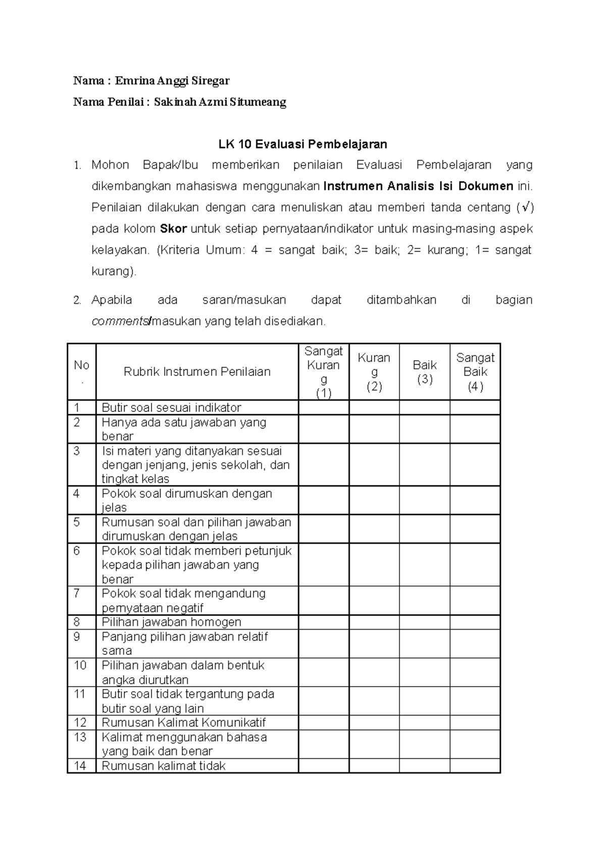 LK 10 - lk 10 - Nama : Emrina Anggi Siregar Nama Penilai : Sakinah Azmi ...