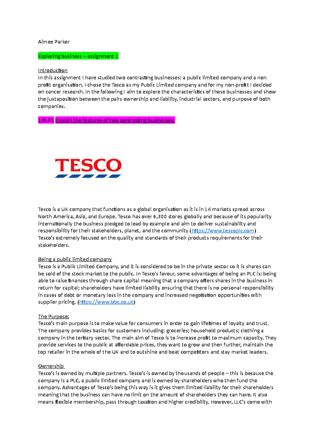 Unit 1 - Exploring Business Assignment 1 btec - BUS 346 - Studocu