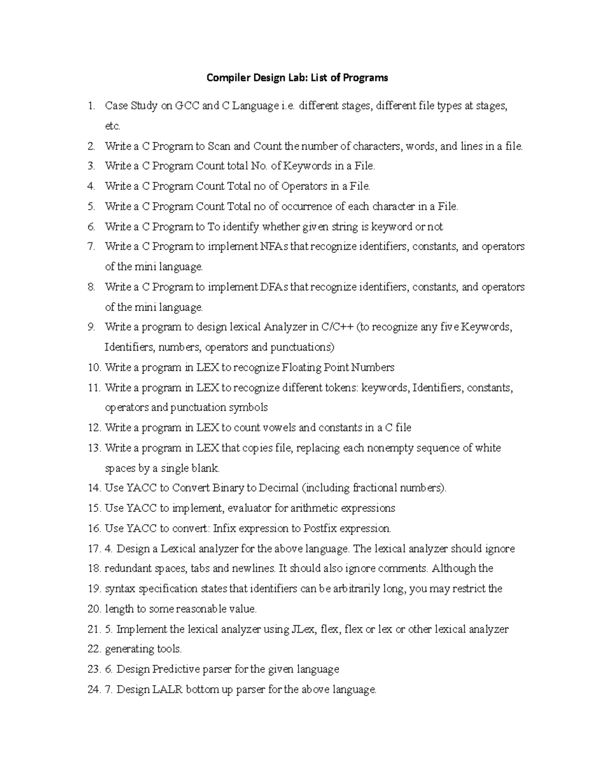 Compile Design Lab List of Programs.docx - Compiler Design Lab: List of Programs Case Study on ...