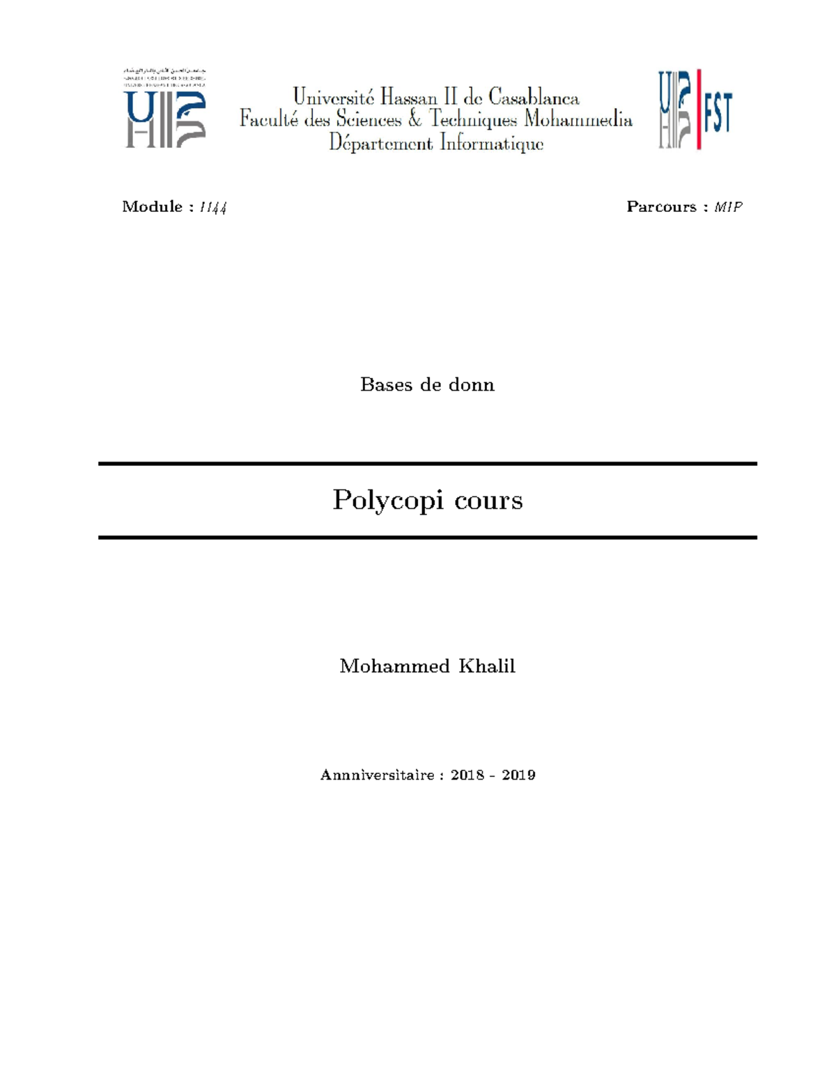 I144 - Cours (Alternatif) - Module : I144 Parcours : MIP Bases de donn Polycopi cours Mohammed ...