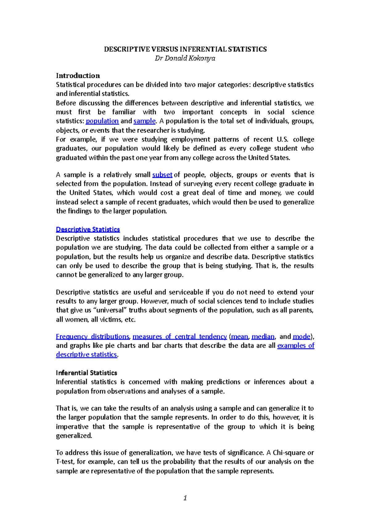 Descriptive Versus Inferential Statistics - DESCRIPTIVE VERSUS ...
